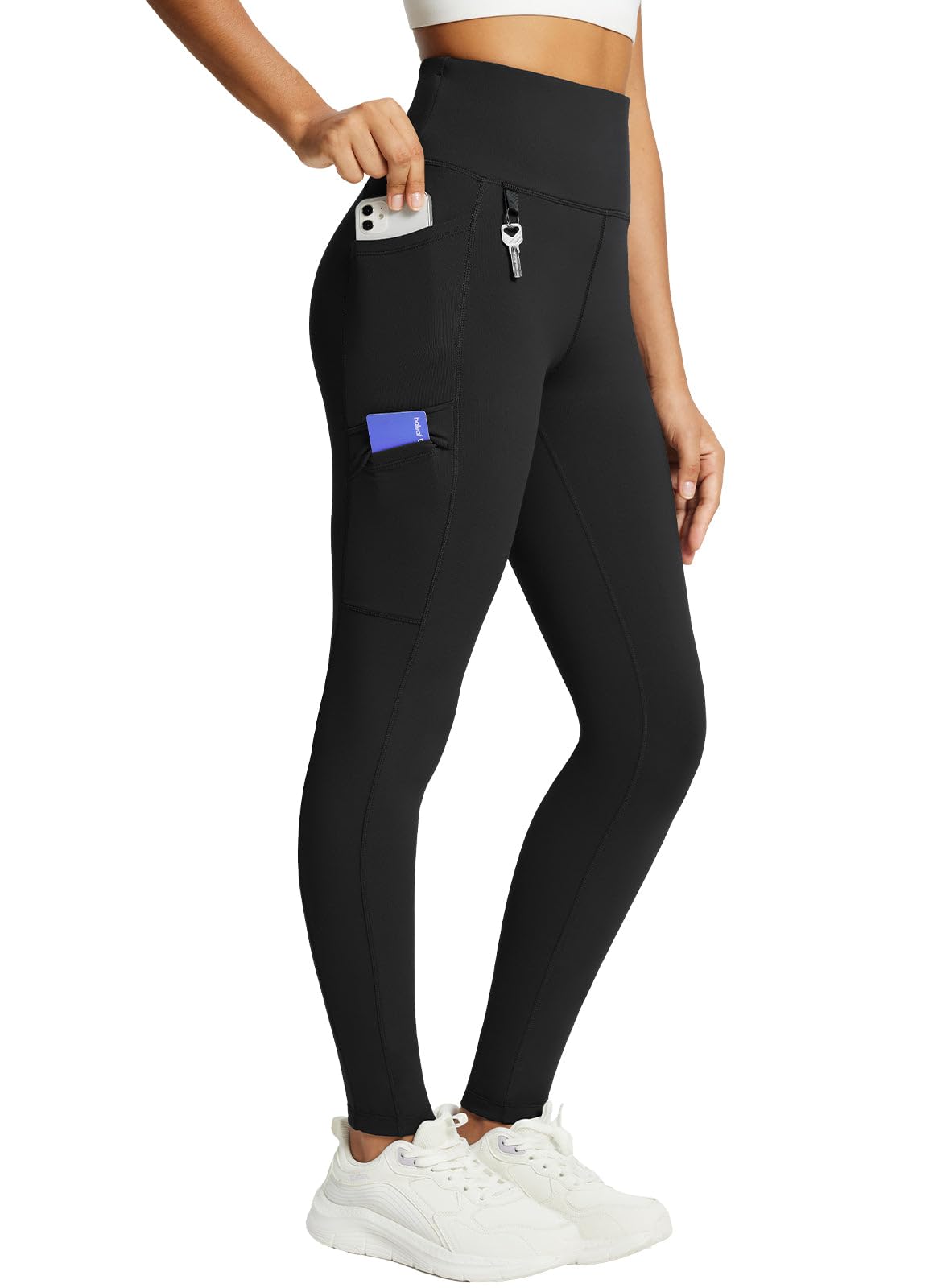 BALEAF Women's Fleece Lined Leggings Waterproof Winter Hiking Pants Thermal Running Tights Zipper Pockets High Waisted Cold Weather Black Medium