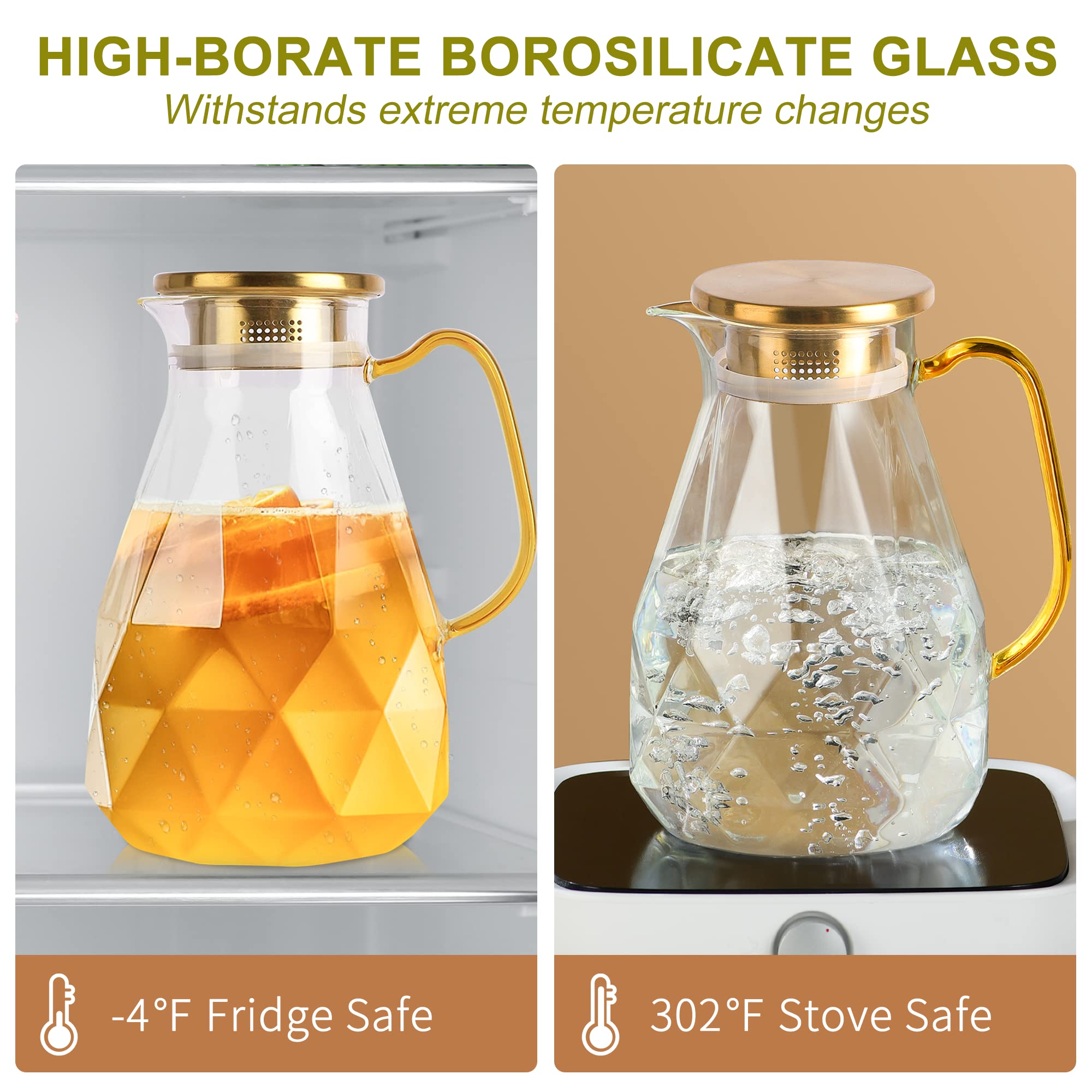 Yirilan Glass Pitcher,74oz/2.2 Liter Water Pitcher with Lid,Beverage Serveware,Iced Tea Pitcher,Water Carafe with Handle,Heat Resistant Borosilicate Water Glass Jug(with Mixing Spoon and Cup Brush)