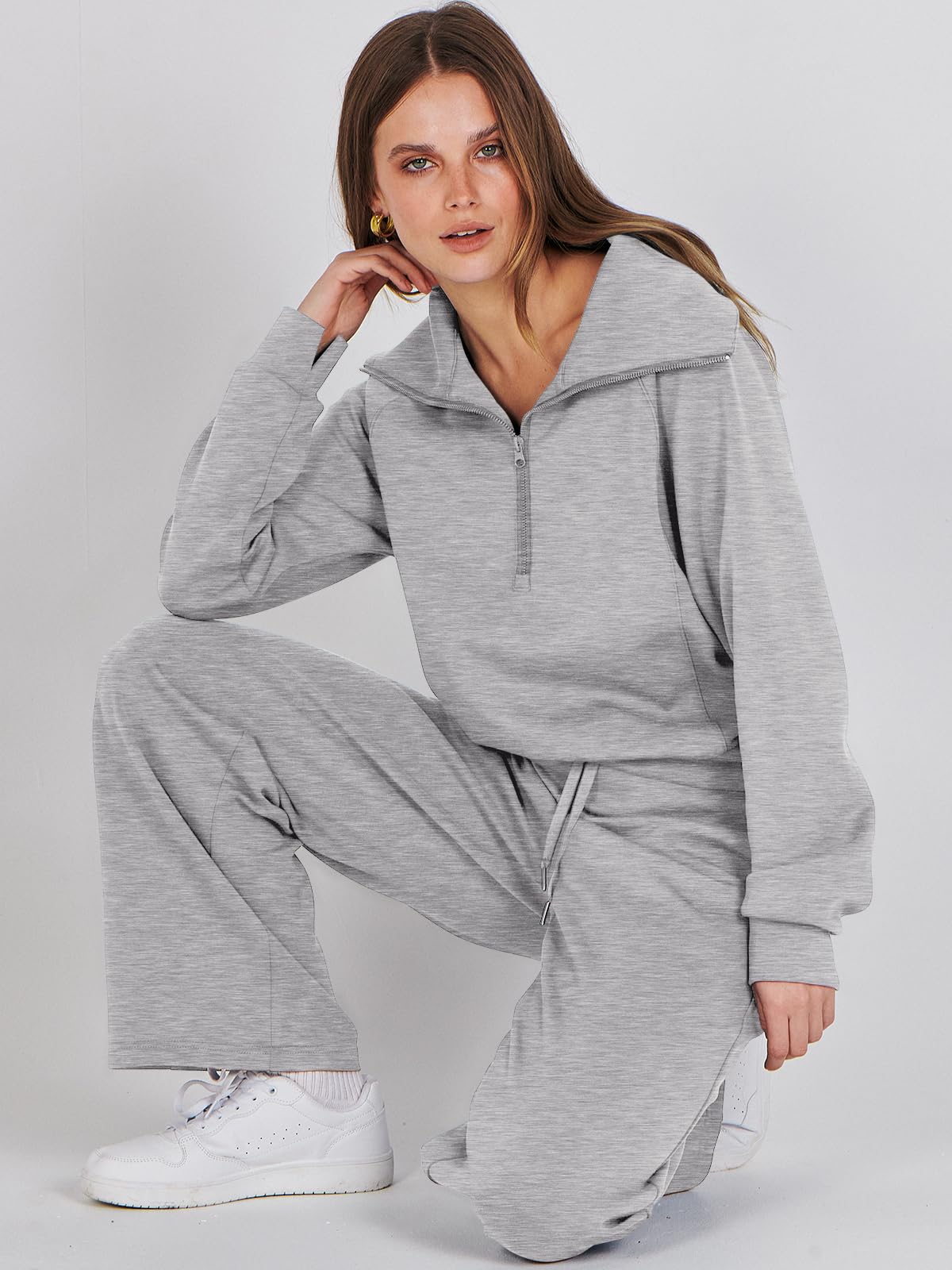 ANRABESS Women 2 Piece Outfits Sweatsuit Oversized Sweatshirt Sweatpants Tracksuit Sweat Lounge Matching Set 2025 Fall Trendy Light Grey X-Large