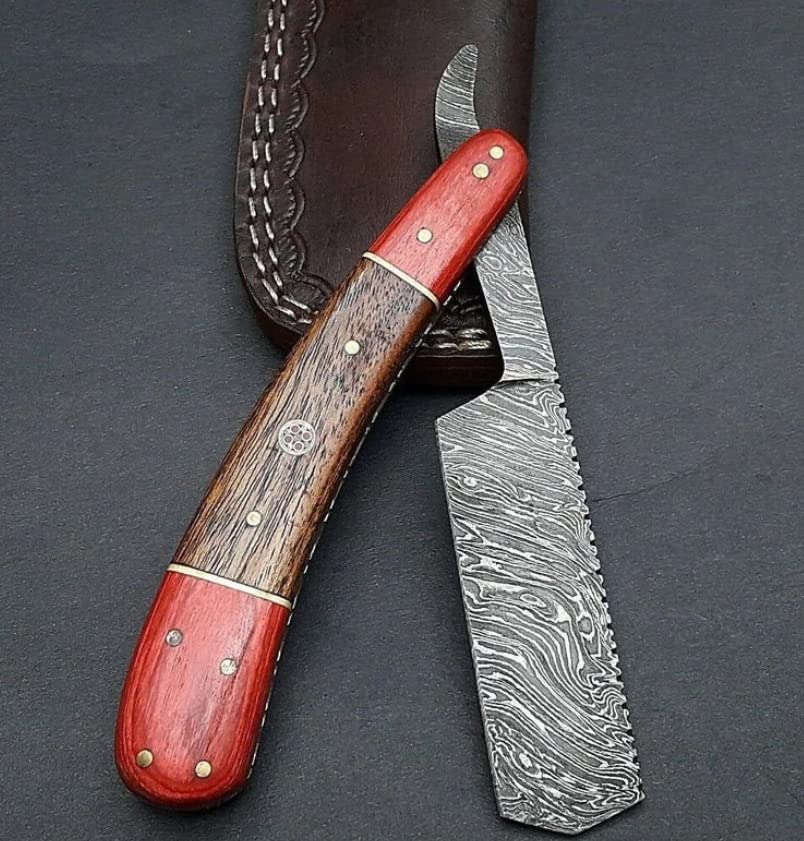 Ready to Shave Razor Custom Hand Made Damascus steel knife Razor Walnut Wood Handle Pocket Straight Razor