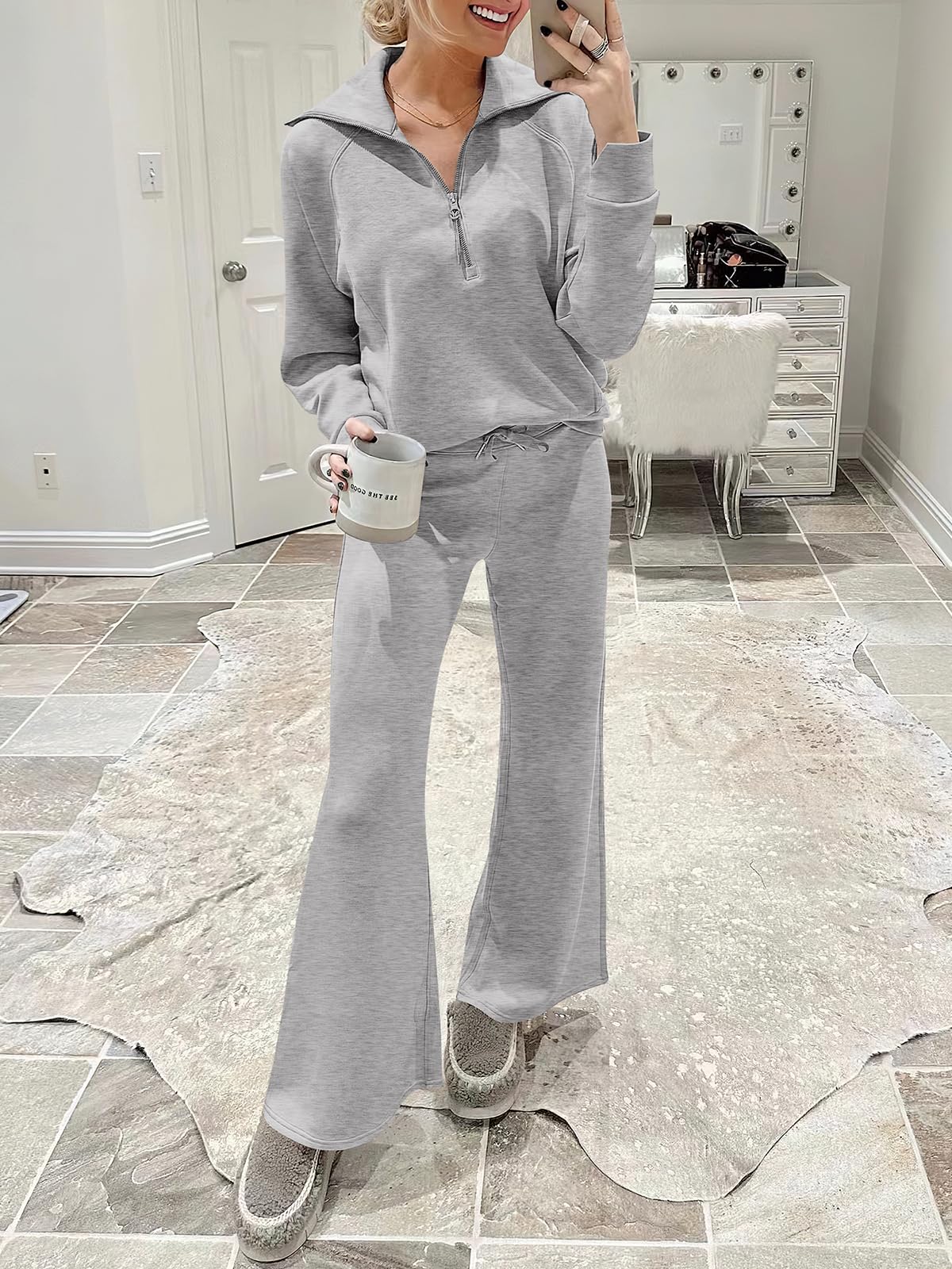ANRABESS Women 2 Piece Outfits Sweatsuit Oversized Sweatshirt Sweatpants Tracksuit Sweat Lounge Matching Set 2025 Fall Trendy Light Grey X-Large