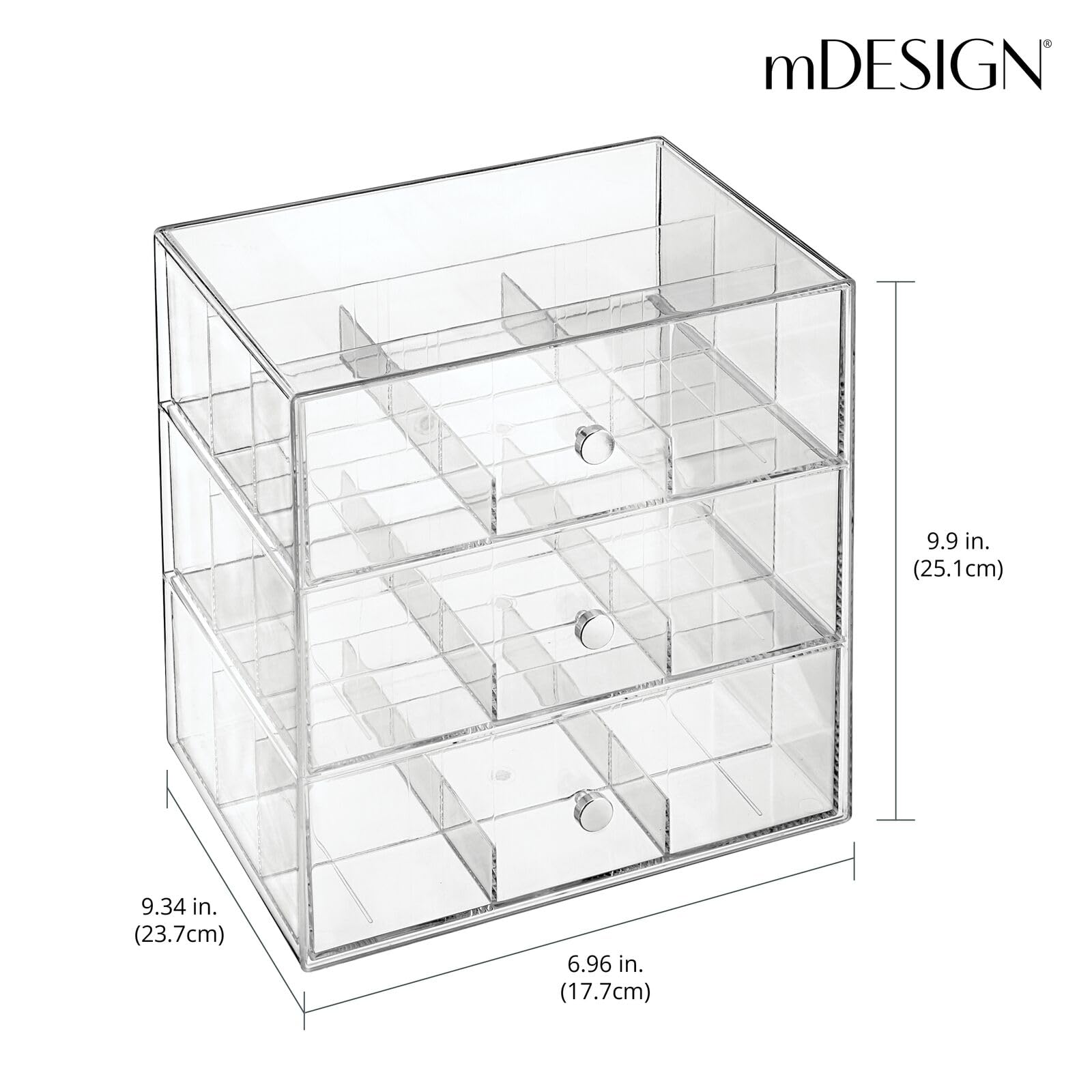 mDesign Plastic Tea Bag Caddy Box Storage Container Organizer Holder with 3 Drawers - for Kitchen Pantry, Cabinet, Countertop - Holds Coffee, Sugar Packets, Drink Pods - Clear
