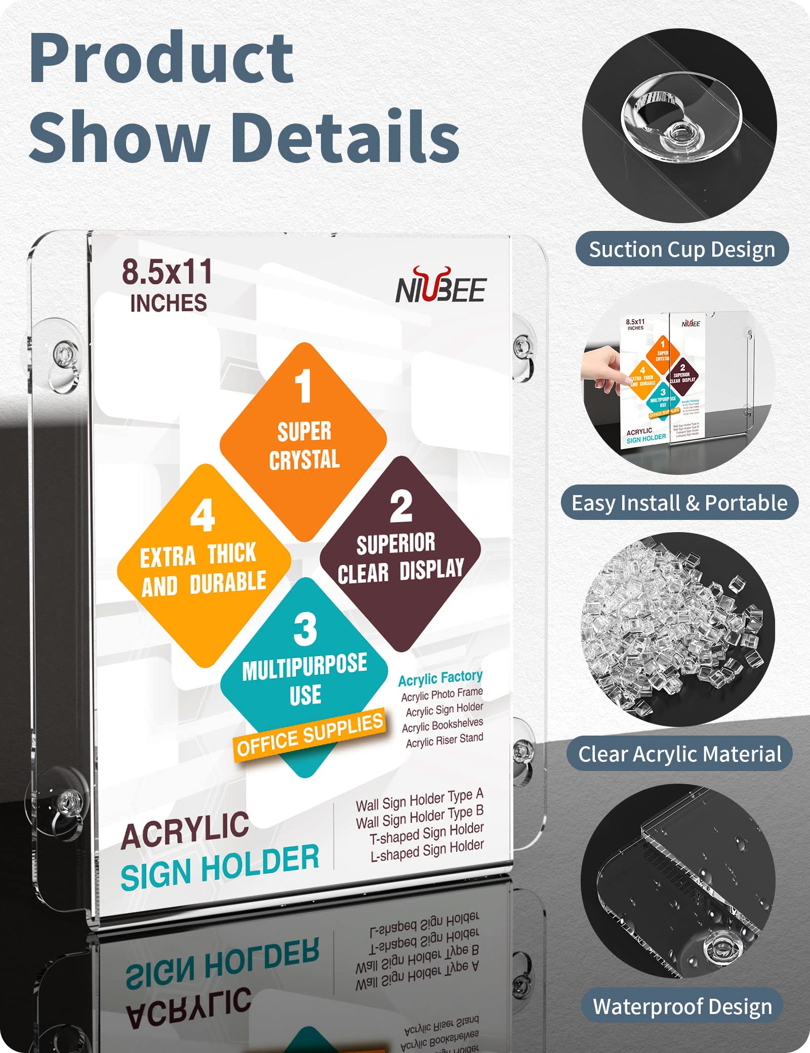 NIUBEE Acrylic Window Sign Holder 8.5×11 Inch with 4 Suction Cups for Glass Window Wall Mount, Advertise Display Office Store Promotion Picture Frame for Mall, Office, Home, Restaurant (2 Pack)