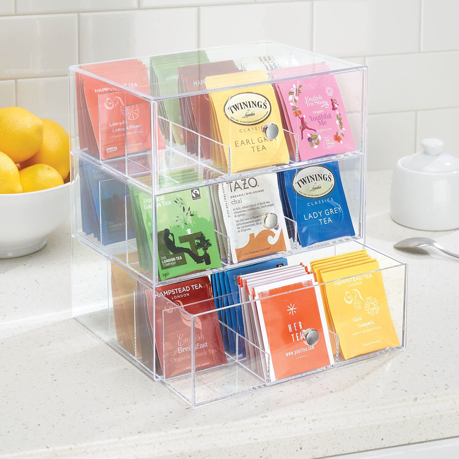 mDesign Plastic Tea Bag Caddy Box Storage Container Organizer Holder with 3 Drawers - for Kitchen Pantry, Cabinet, Countertop - Holds Coffee, Sugar Packets, Drink Pods - Clear