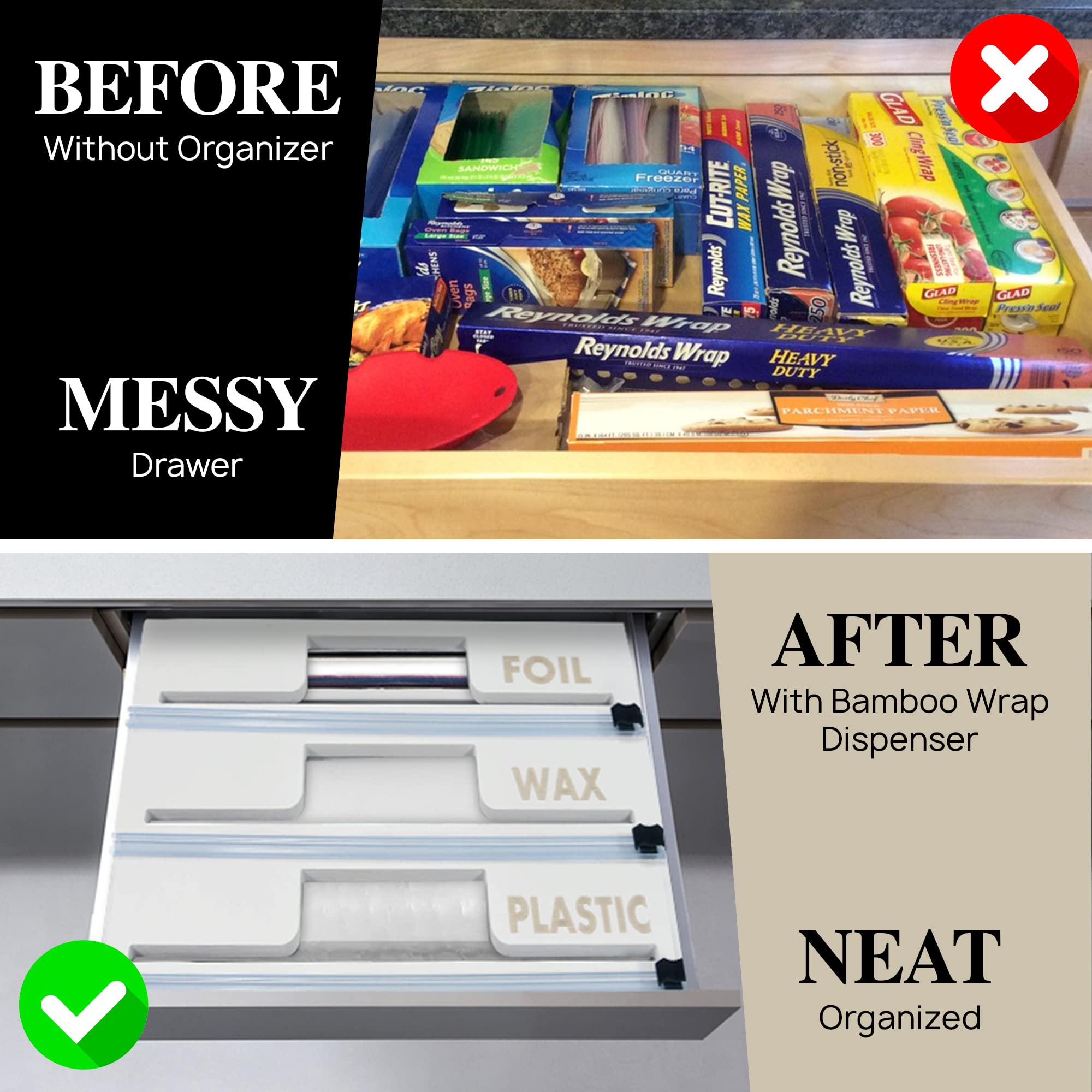 The Luxe Union 3-in-1 Wax, Foil, and Plastic Wrap Dispenser with Cutters, Drawer and Countertop Organizer for Cling, Film, and Parchment Paper, Pre-Labeled Organization, Bamboo Holder