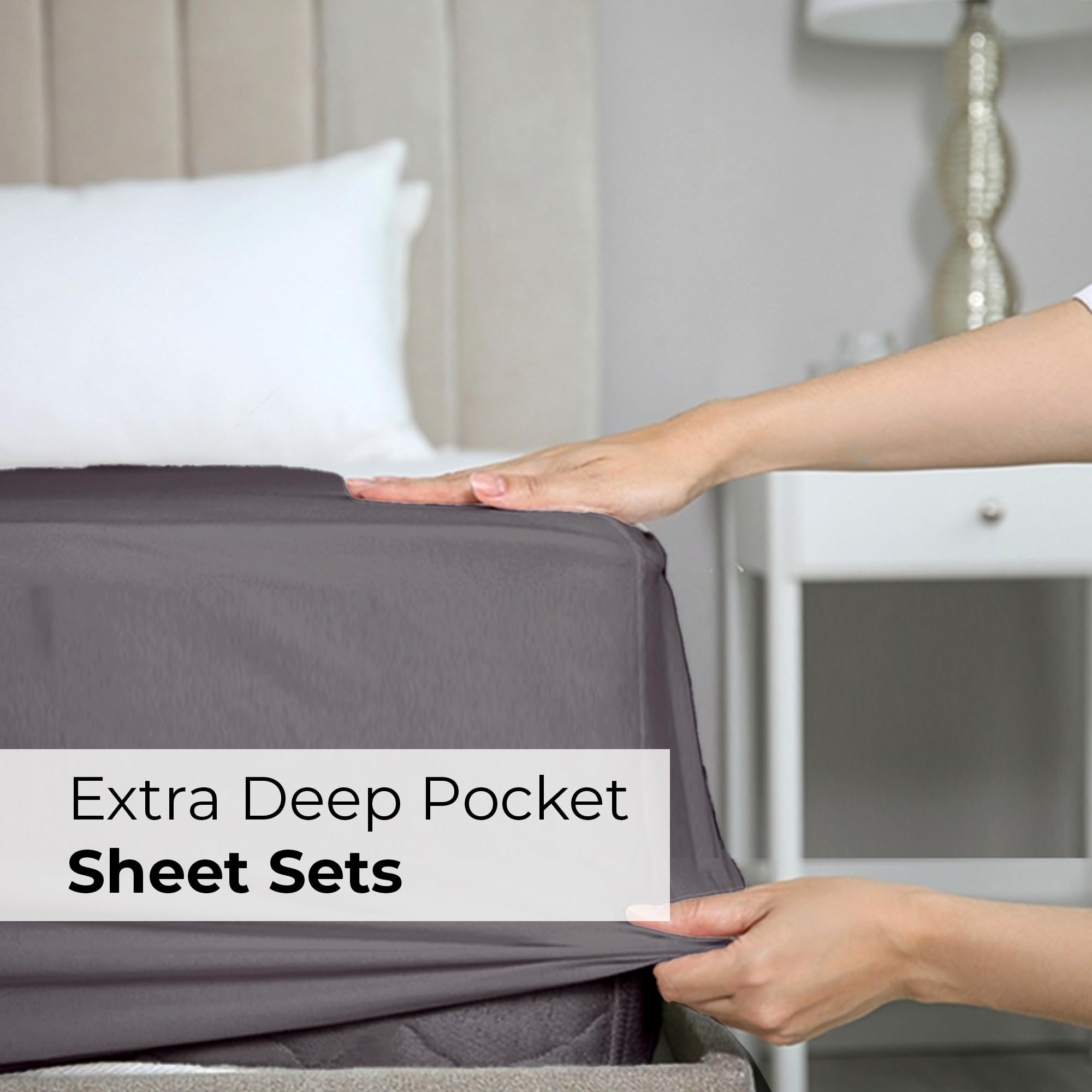 4 Piece Luxury Hotel Bed Sheet Set - Breathable, Cooling Deep Pocket Sheets - Soft, Wrinkle Free King Sheets That Fit Extra Deep Mattresses - Dark Grey