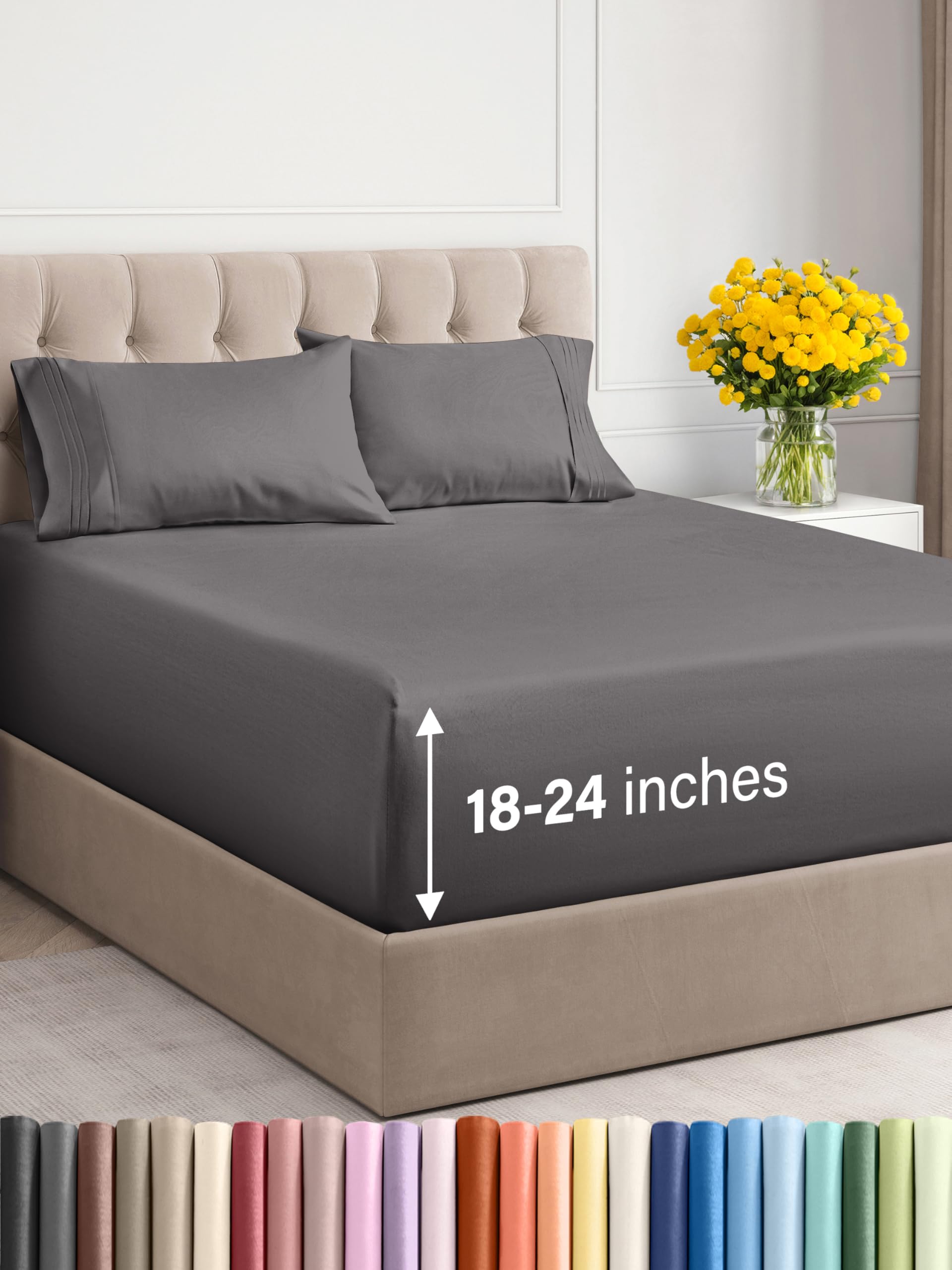 4 Piece Luxury Hotel Bed Sheet Set - Breathable, Cooling Deep Pocket Sheets - Soft, Wrinkle Free King Sheets That Fit Extra Deep Mattresses - Dark Grey