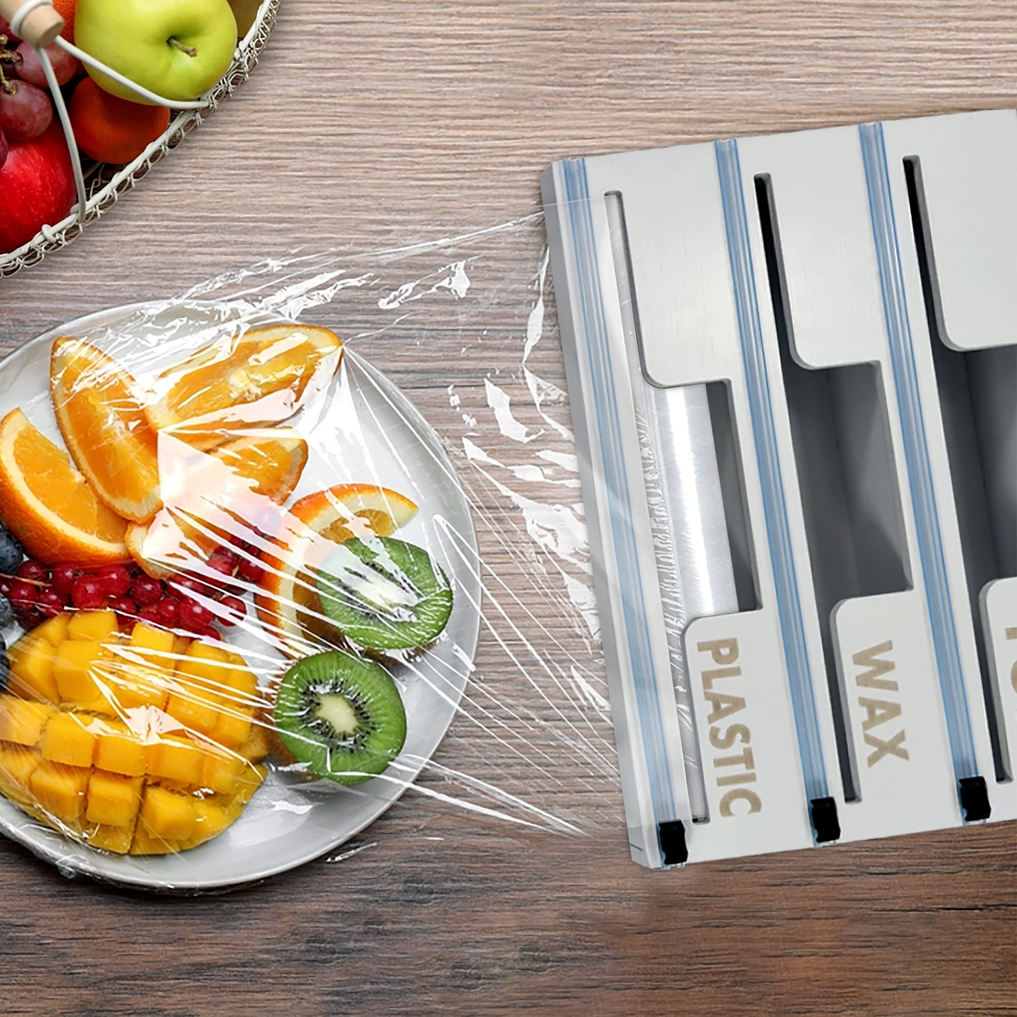 The Luxe Union 3-in-1 Wax, Foil, and Plastic Wrap Dispenser with Cutters, Drawer and Countertop Organizer for Cling, Film, and Parchment Paper, Pre-Labeled Organization, Bamboo Holder