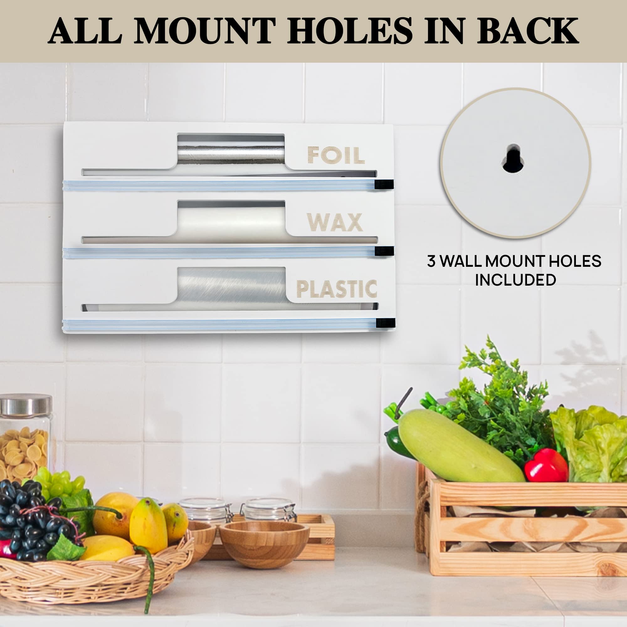 The Luxe Union 3-in-1 Wax, Foil, and Plastic Wrap Dispenser with Cutters, Drawer and Countertop Organizer for Cling, Film, and Parchment Paper, Pre-Labeled Organization, Bamboo Holder