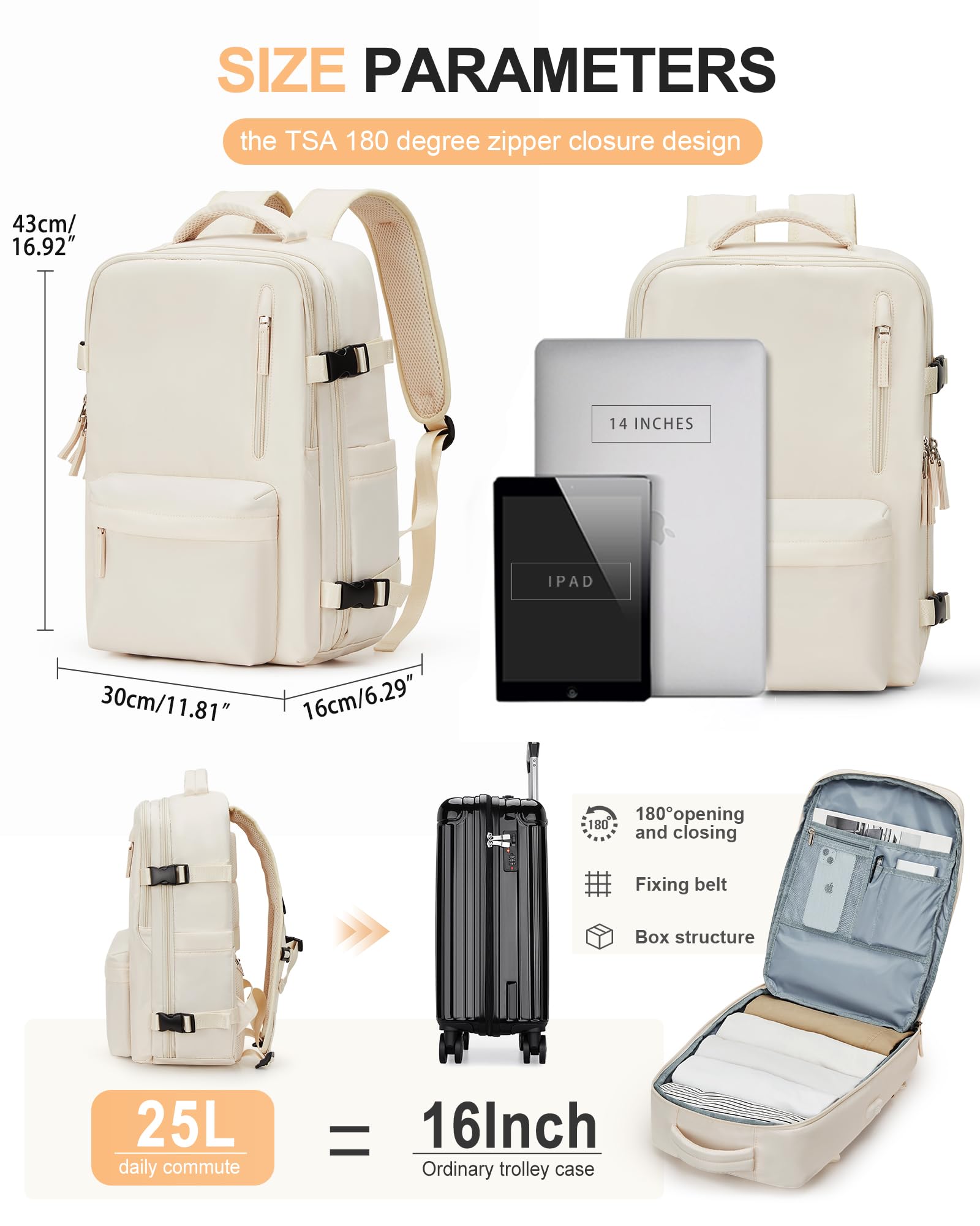 WONHOX Carry on Travel Laptop Backpack for Women Men, Flight Approved,Backpack, Hiking Outdoor Sports Rucksack Casual Daypack Bag Backpack, Beige Simple