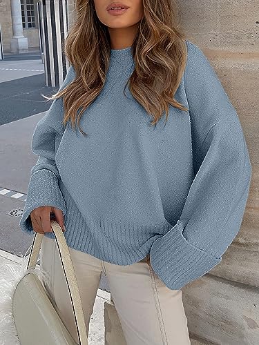 ANRABESS Women's Oversized Crewneck Long Sleeve Fuzzy Knit Casual Chunky Warm 2025 Fall Pullover Sweaters Top Trendy Outfits Grey Blue Large