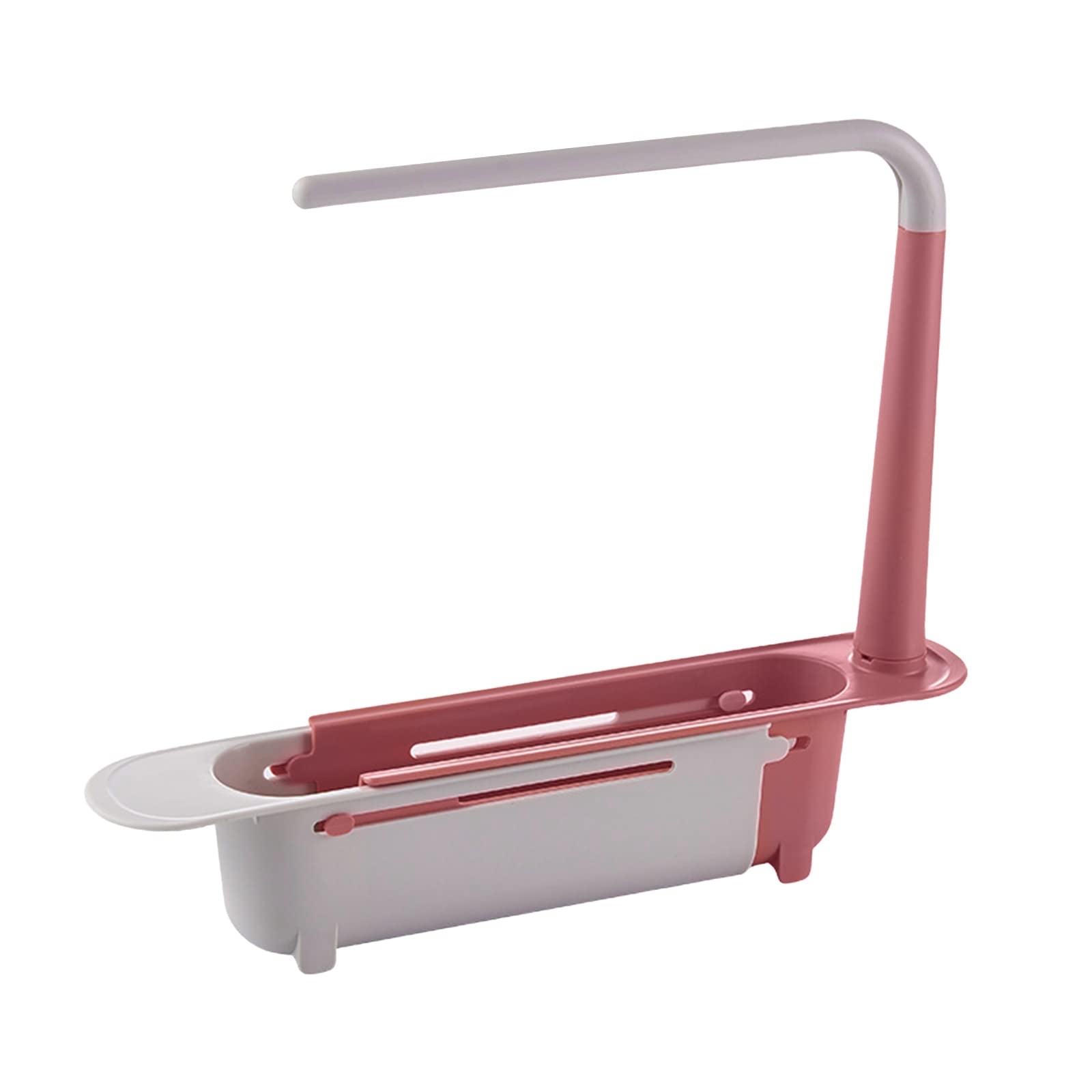 Kuniofaov Telescopic Sink Rack Holder Telescopic Sink Storage Rack Adjustable Drainer Sink Tray Sponge Soap Holder with Dishcloth Hanger Expandable Storage Drain Basket for Home Kitchen (Pink)