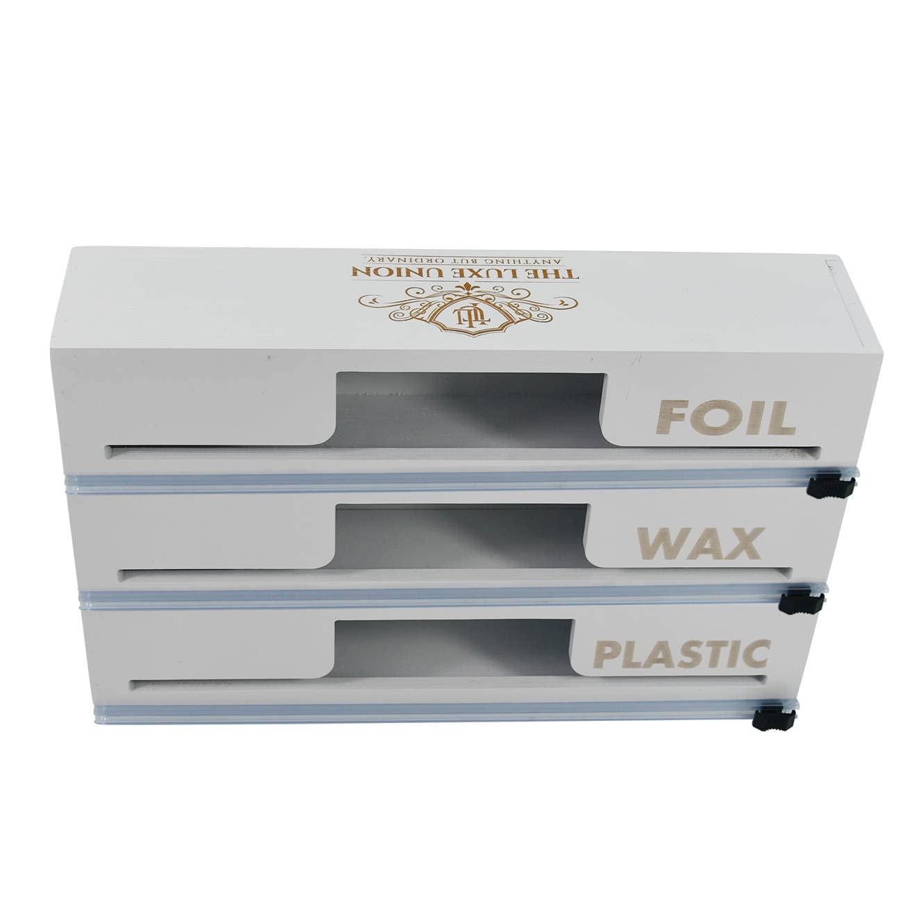 The Luxe Union 3-in-1 Wax, Foil, and Plastic Wrap Dispenser with Cutters, Drawer and Countertop Organizer for Cling, Film, and Parchment Paper, Pre-Labeled Organization, Bamboo Holder