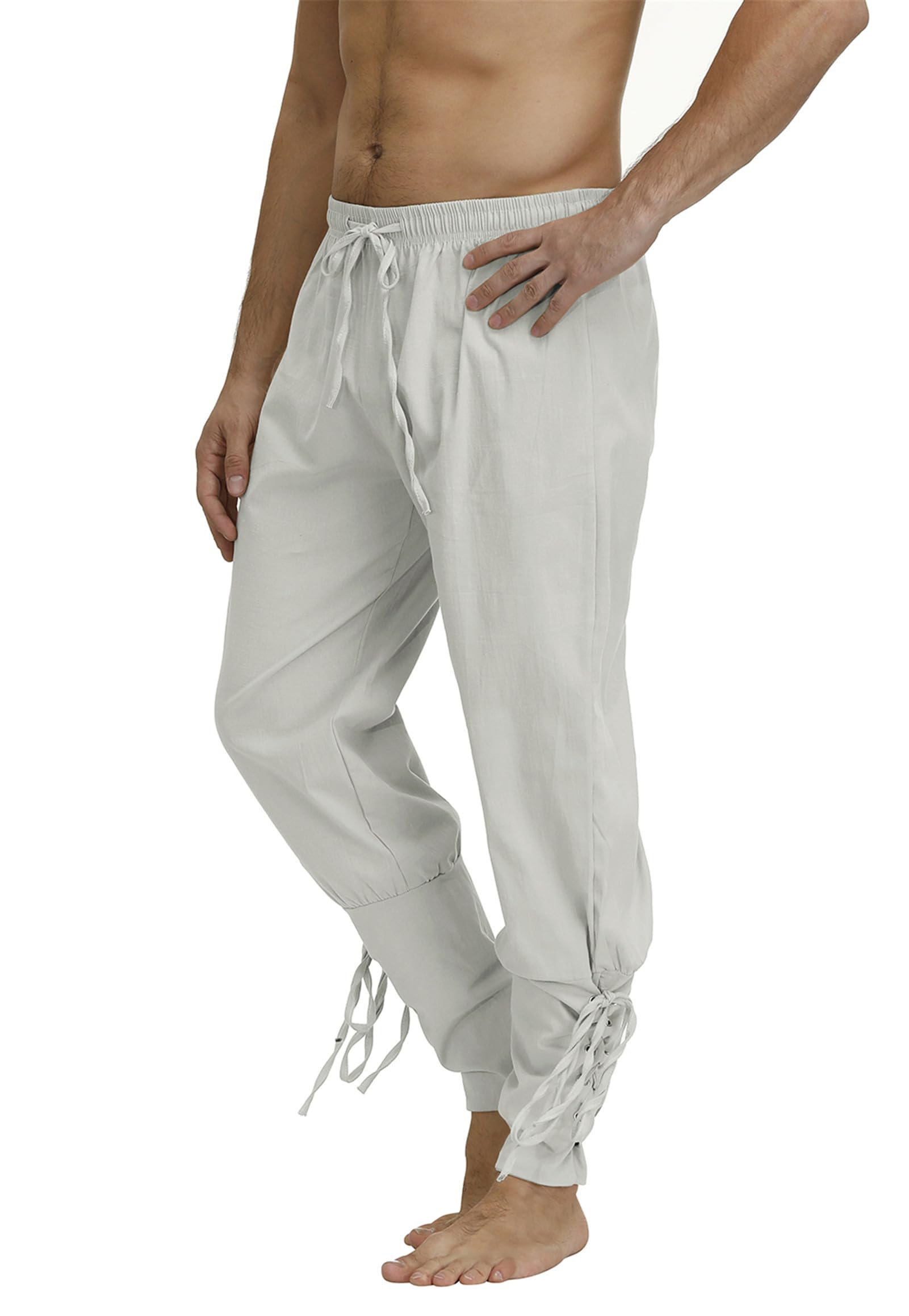 Men's Ankle Banded Cuff Renaissance Pants Medieval Viking Navigator Trousers Pirate Cosplay Costume with Drawstrings White-2XL