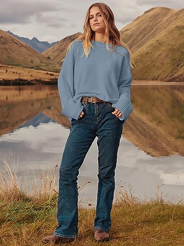 ANRABESS Women's Oversized Crewneck Long Sleeve Fuzzy Knit Casual Chunky Warm 2025 Fall Pullover Sweaters Top Trendy Outfits Grey Blue Large