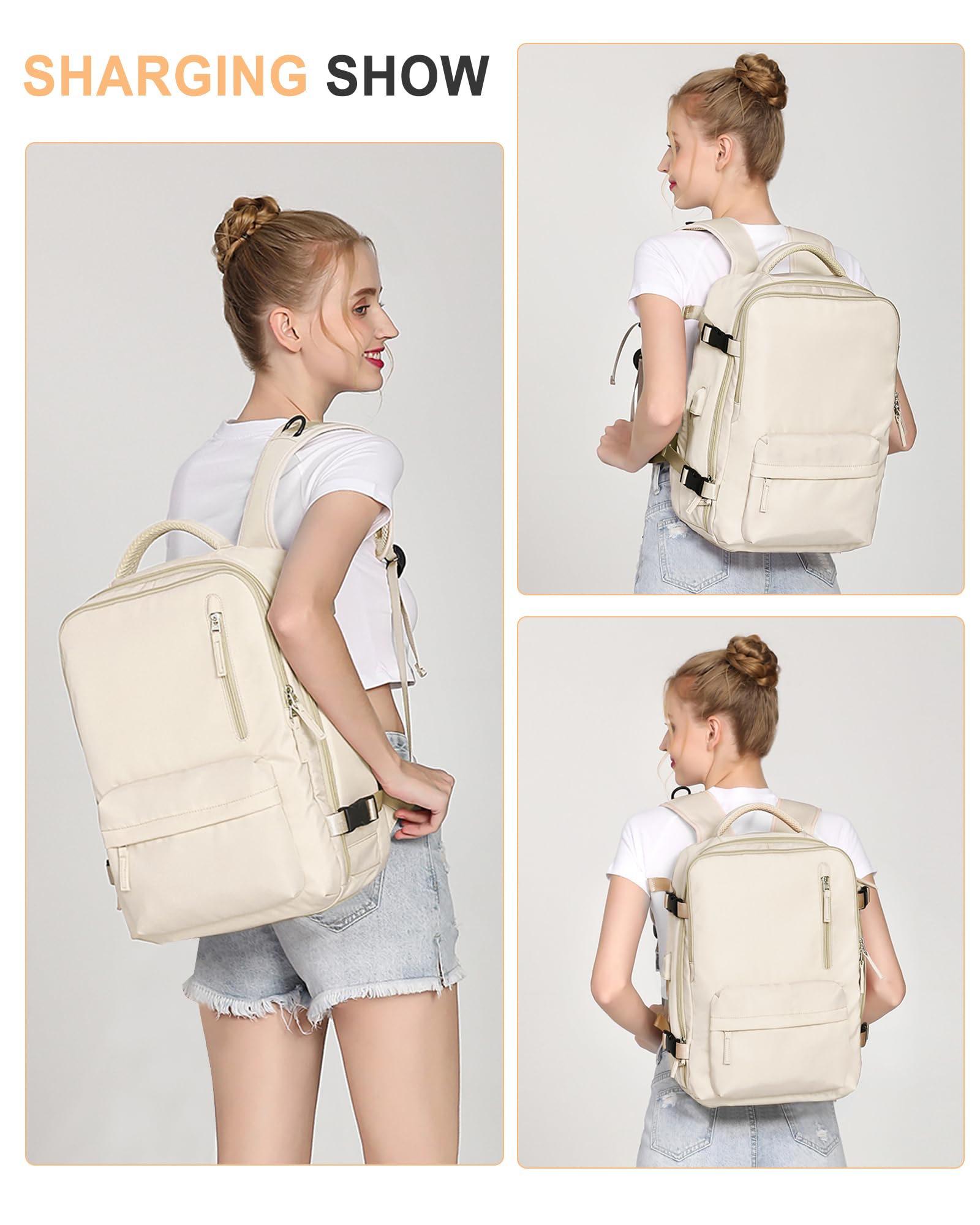 WONHOX Carry on Travel Laptop Backpack for Women Men, Flight Approved,Backpack, Hiking Outdoor Sports Rucksack Casual Daypack Bag Backpack, Beige Simple