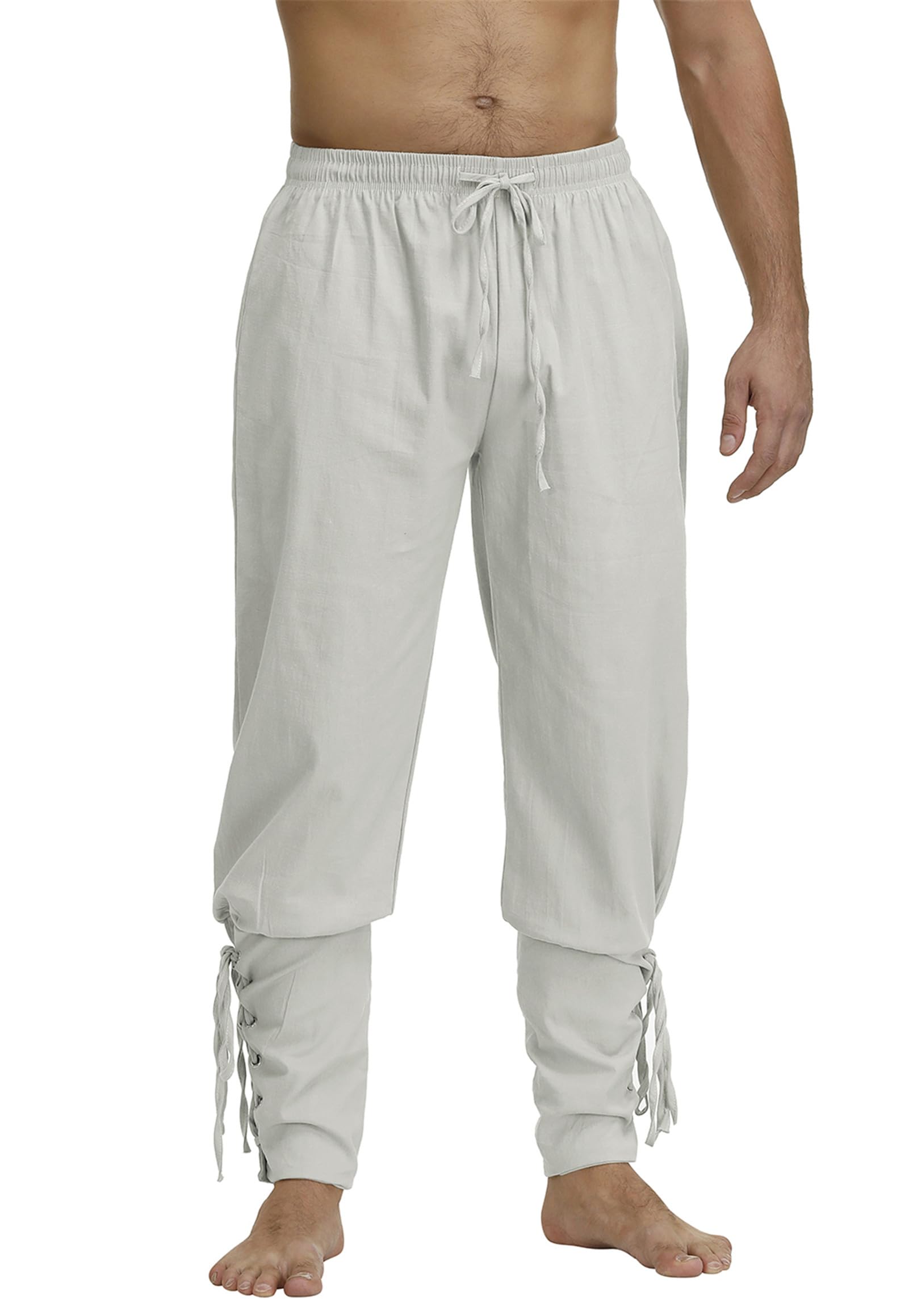 Men's Ankle Banded Cuff Renaissance Pants Medieval Viking Navigator Trousers Pirate Cosplay Costume with Drawstrings White-2XL