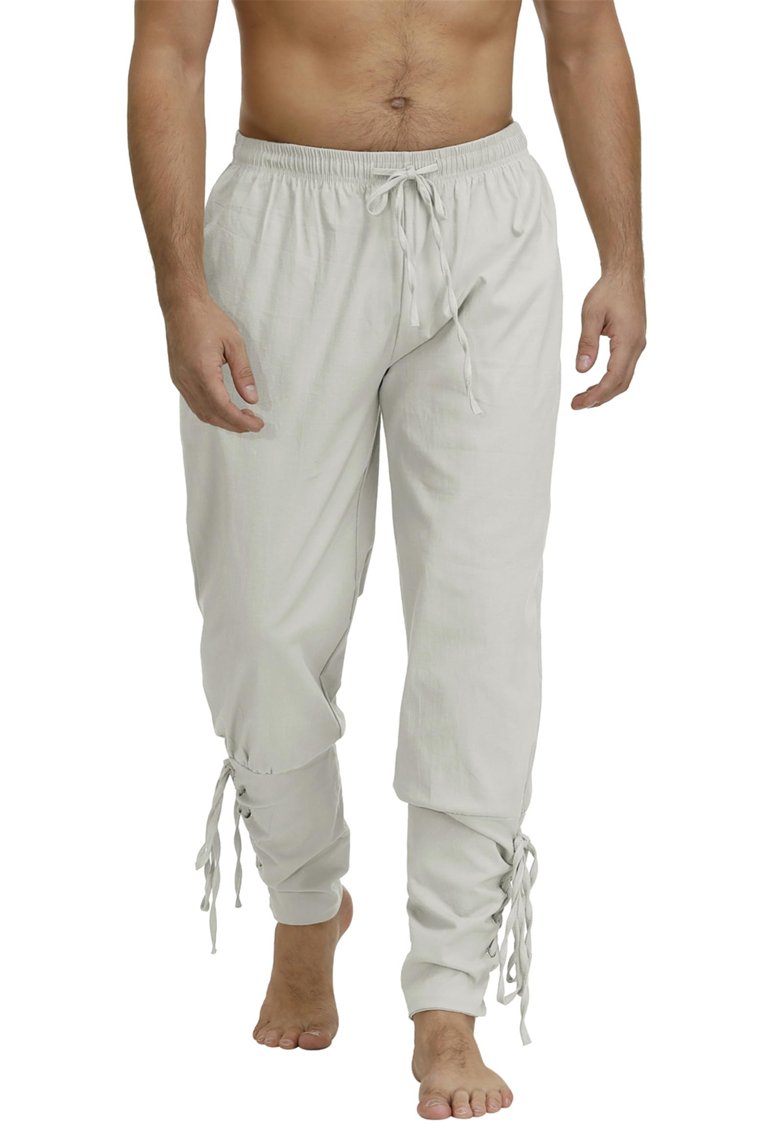 Men's Ankle Banded Cuff Renaissance Pants Medieval Viking Navigator Trousers Pirate Cosplay Costume with Drawstrings White-2XL