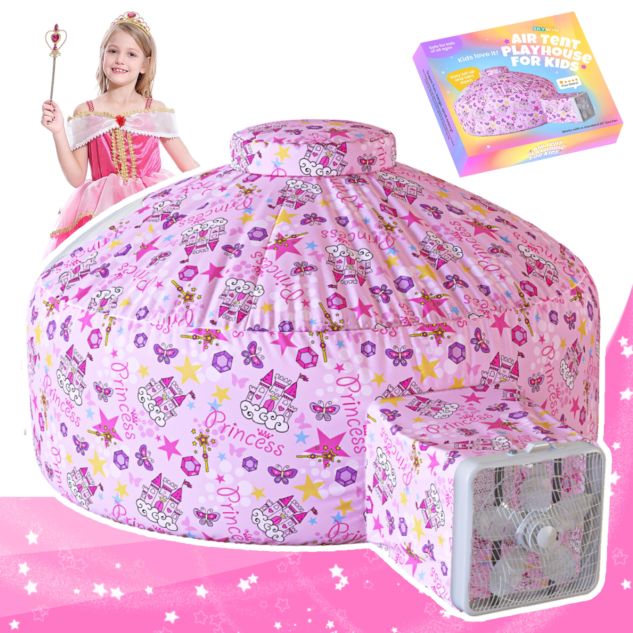Skywin Air Tent Fort Playhouse for Kids (Princess) - Classic Inflatable Kids Fort Sets Up and Stores Away in Seconds, 77 x 50 Inches (Fan NOT Included)