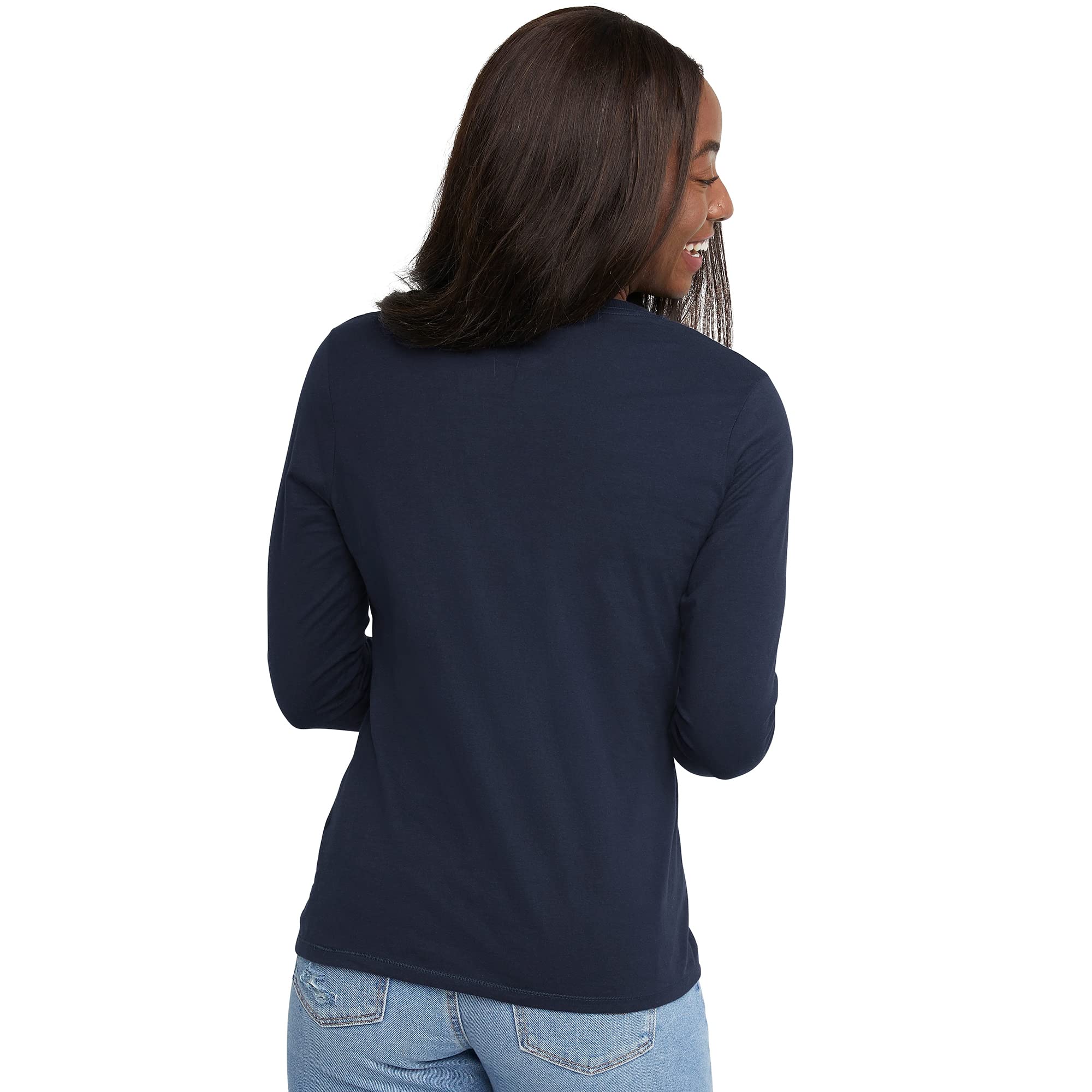 Hanes Comfortblend Women's Originals Long Sleeve Cotton T-Shirt, Lightweight V-Neck Tee, Modern Fit, Navy, X-Large