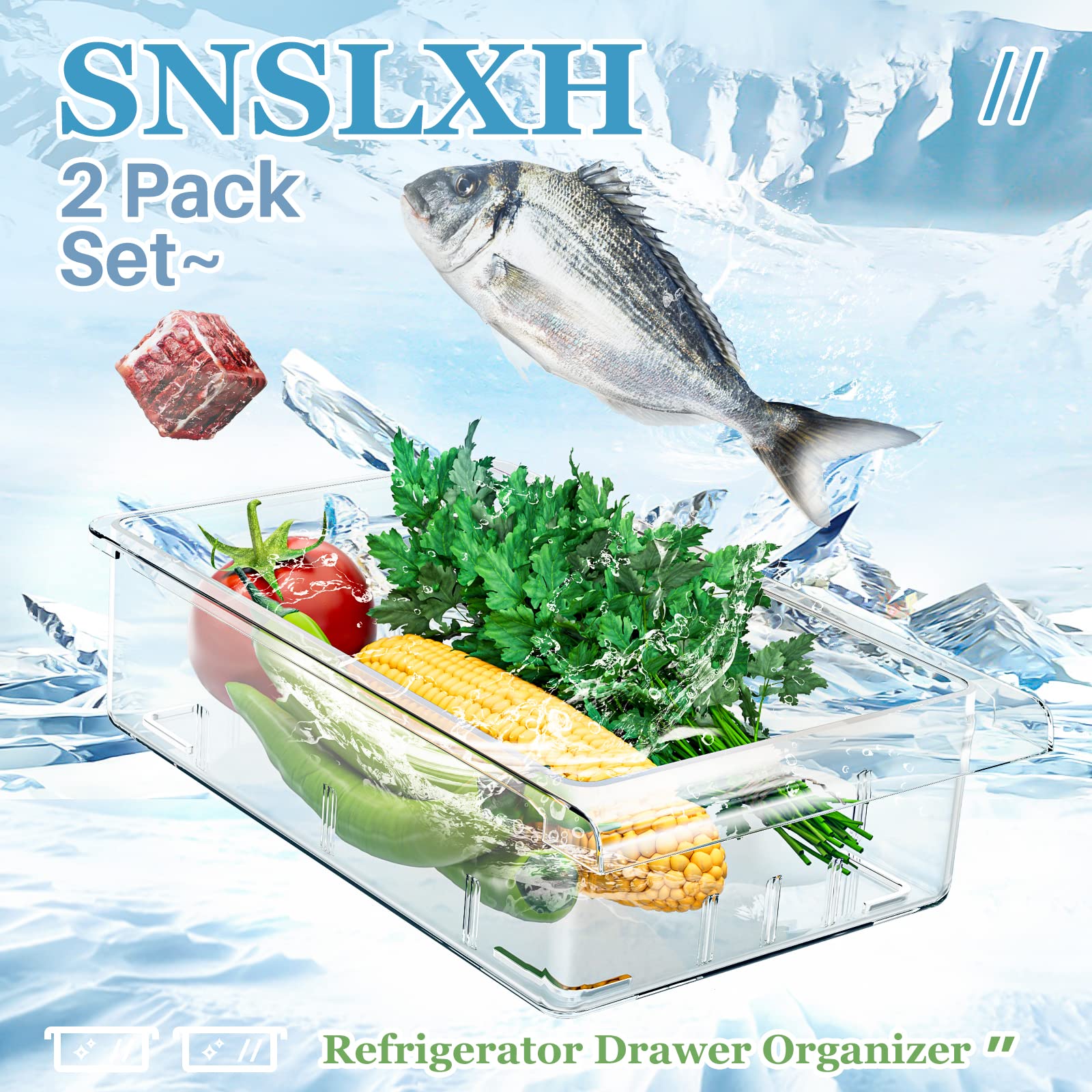 2 Pack Refrigerator Drawer Organizer, Pull Out Refrigerator Shelf Storage Drawer Organizer, Transparent Fridge Organizer for Egg, Fruit, Vegetable, Seafood, Meat, Fit All Fridge Shelves Under 0.6''