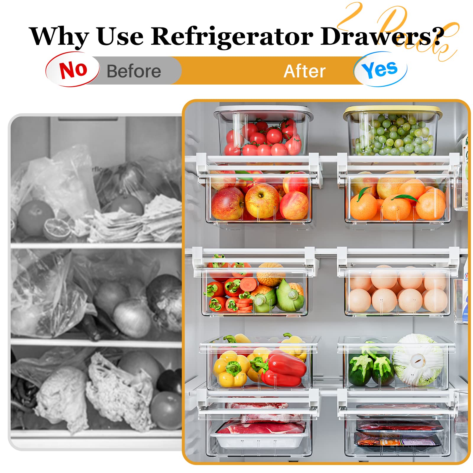 2 Pack Refrigerator Drawer Organizer, Pull Out Refrigerator Shelf Storage Drawer Organizer, Transparent Fridge Organizer for Egg, Fruit, Vegetable, Seafood, Meat, Fit All Fridge Shelves Under 0.6''