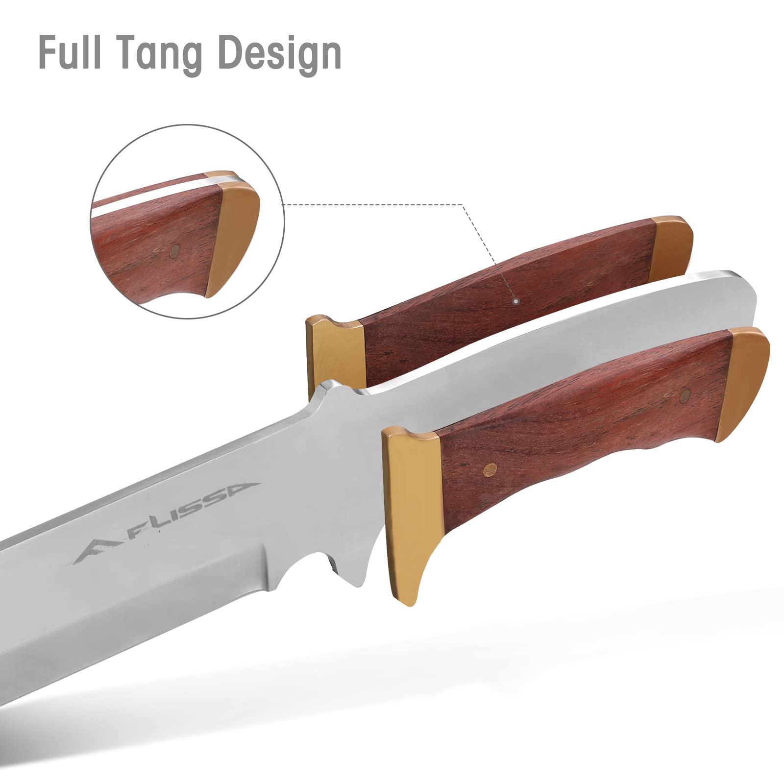 FLISSA 14-inch Bowie Knife, Full-tang Fixed Blade with Wood Handle, Hunting Knife with Leather Sheath for Outdoor Survival, Camping, Hiking