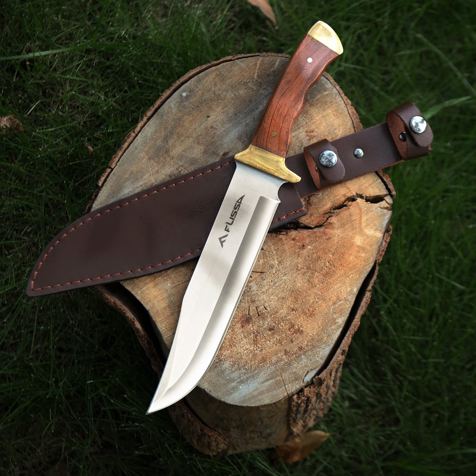 FLISSA 14-inch Bowie Knife, Full-tang Fixed Blade with Wood Handle, Hunting Knife with Leather Sheath for Outdoor Survival, Camping, Hiking