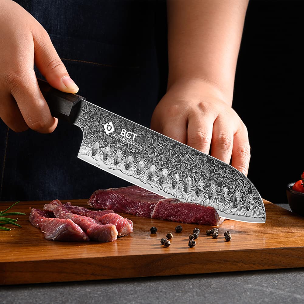 BGT 7 inch Santoku Knife, Japanese Sharp Chef Knife, Japanese VG10 67 layer Damascus Steel Kitchen Knife with Ebony Wood Handle and Gift Box