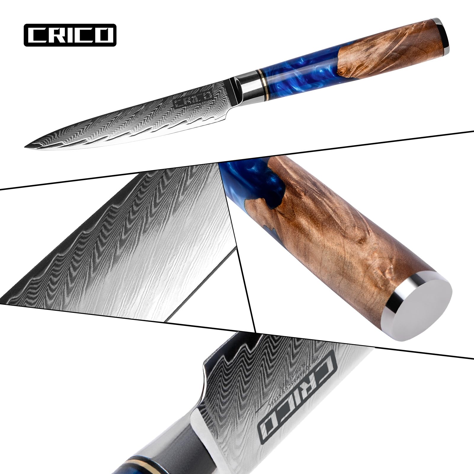 CRICO Paring Knife 5 inch, Kitchen Utility Knife, Fruit Paring Knives, VG10 Damascus Super Steel Forged 67-Layers, Full Tang Wood&Resin Handle, Gift Box - Flow Series