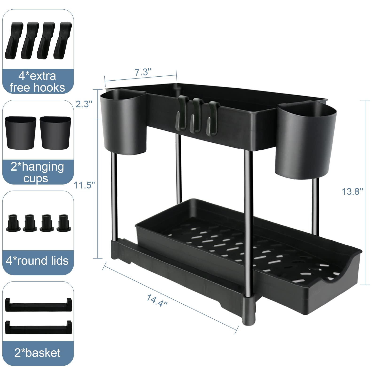 2 Pack Under Sink Organizers and Storage with Sliding Drawer, Multi-Purpose 2 Tier Under Sink Storage Rack Basket for Bathroom Kitchen Cabinet Counter with 4 Hanging Cups and 8 Hooks (Pull Out, Black)