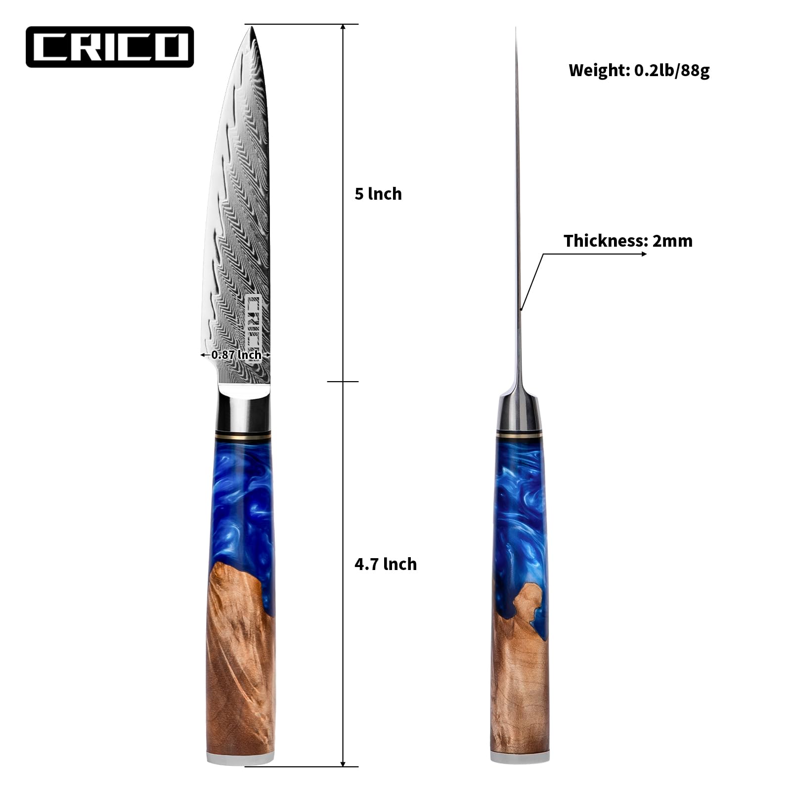 CRICO Paring Knife 5 inch, Kitchen Utility Knife, Fruit Paring Knives, VG10 Damascus Super Steel Forged 67-Layers, Full Tang Wood&Resin Handle, Gift Box - Flow Series