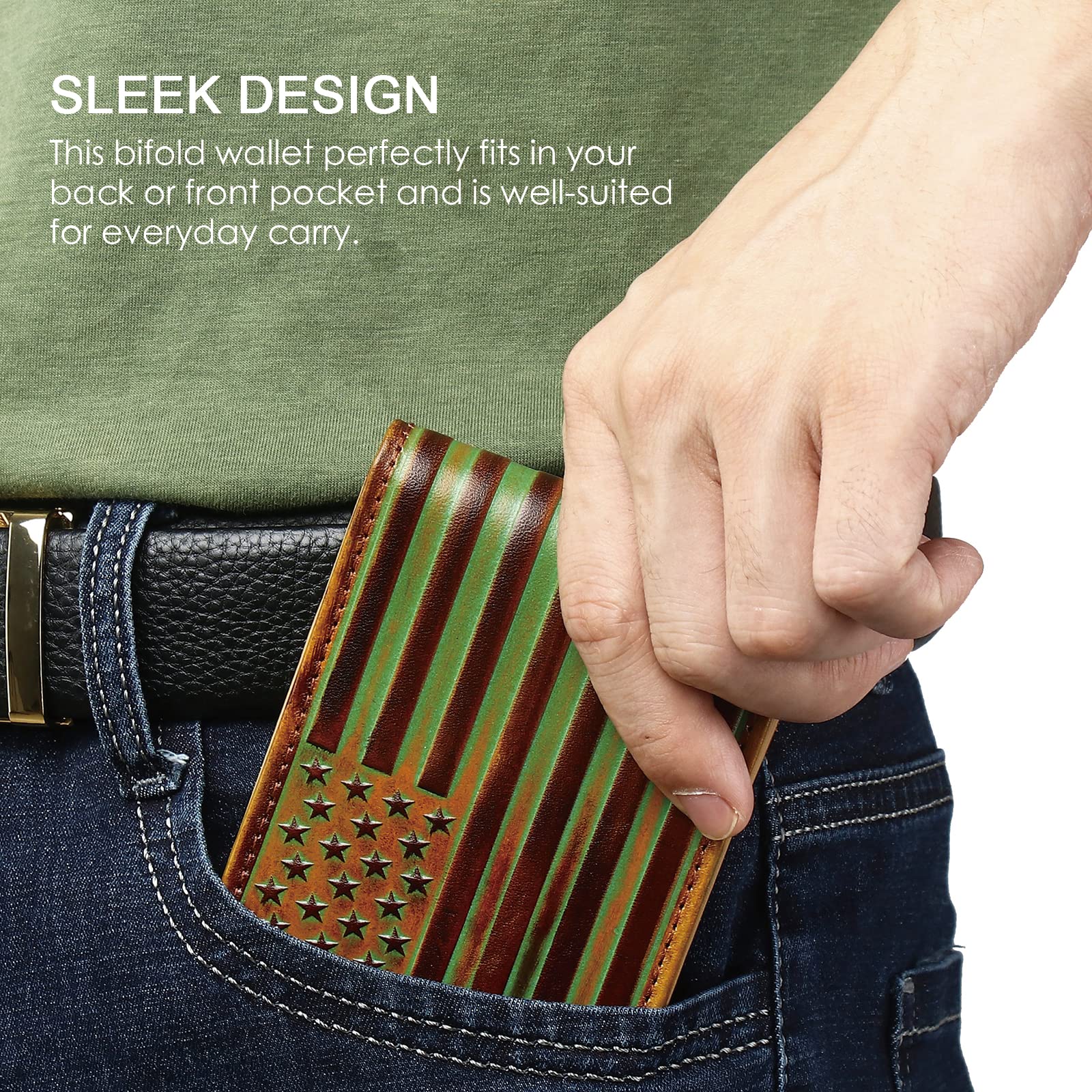 Pefiam Full Grain Leather Bifold Wallet for Men - 12 Slots, RFID Blocking - USA Flag, Brown