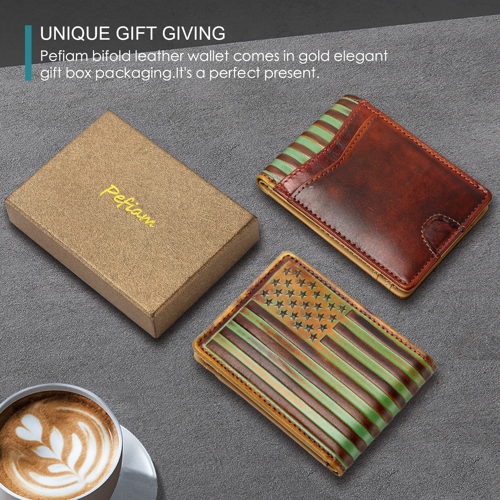 Pefiam Full Grain Leather Bifold Wallet for Men - 12 Slots, RFID Blocking - USA Flag, Brown