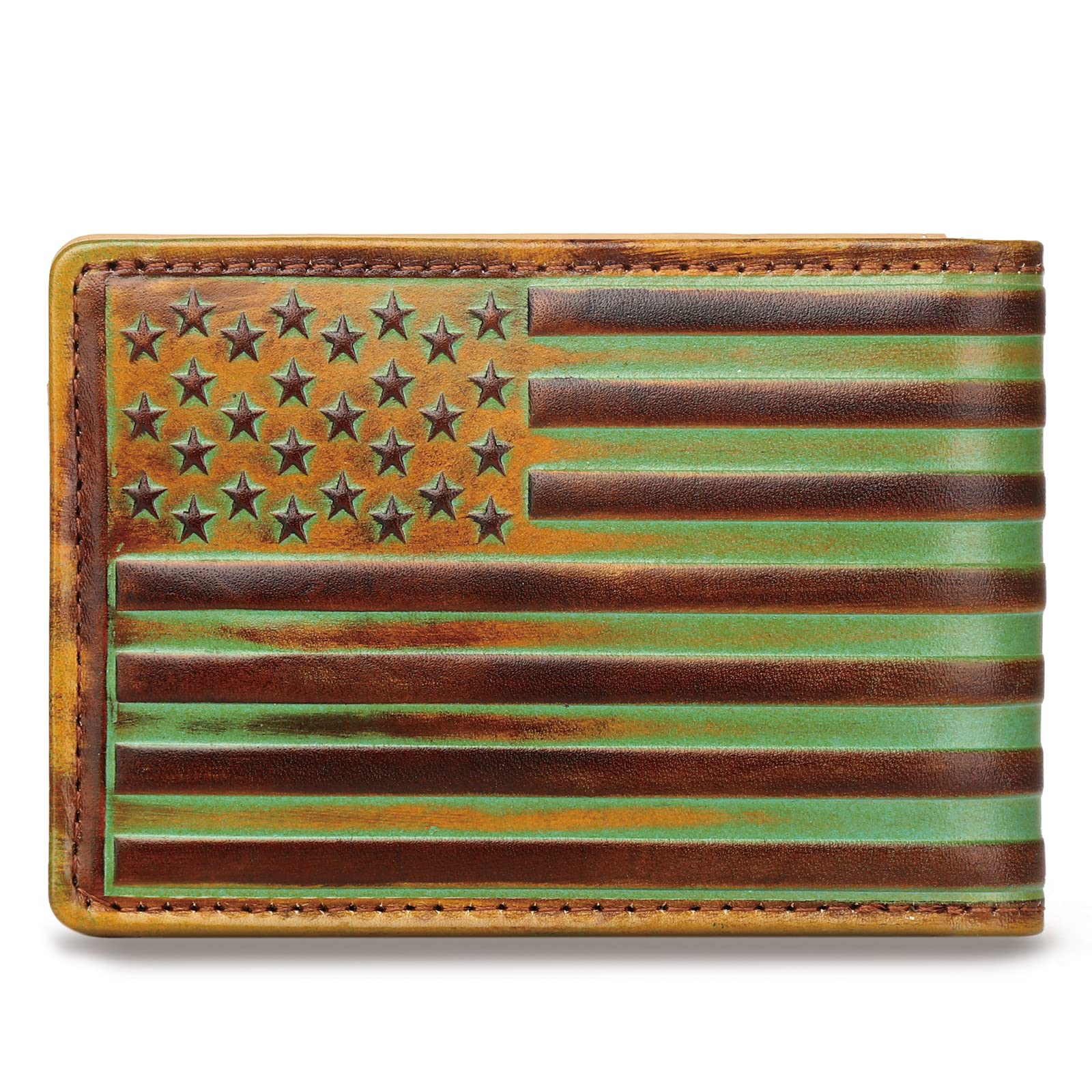 Pefiam Full Grain Leather Bifold Wallet for Men - 12 Slots, RFID Blocking - USA Flag, Brown