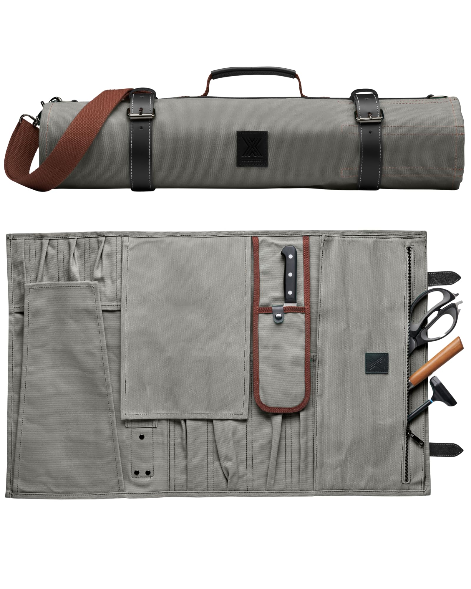 Sunday X Best Heavy Duty Waxed Canvas Chef Knife Roll Bag - Holds & Protects up to 12 Knives - Zipper Pocket for Utensil Storage - Perfect Knife Bag for Chefs on the Go (Stone Grey)