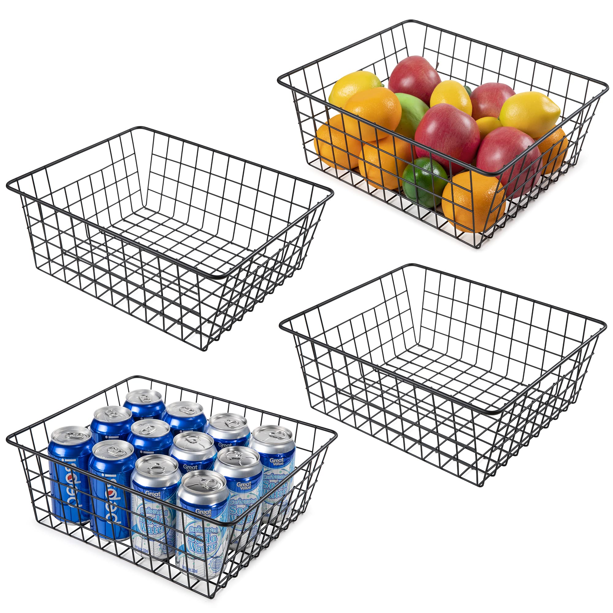 Wire Storage Baskets for Organizing, Vtopmart 4 Pack Metal Wire Freezer Organizer Bins with Handles, Large Pantry Baskets for Kitchen Cabinets, Bathroom, Laundry, Garage, Black