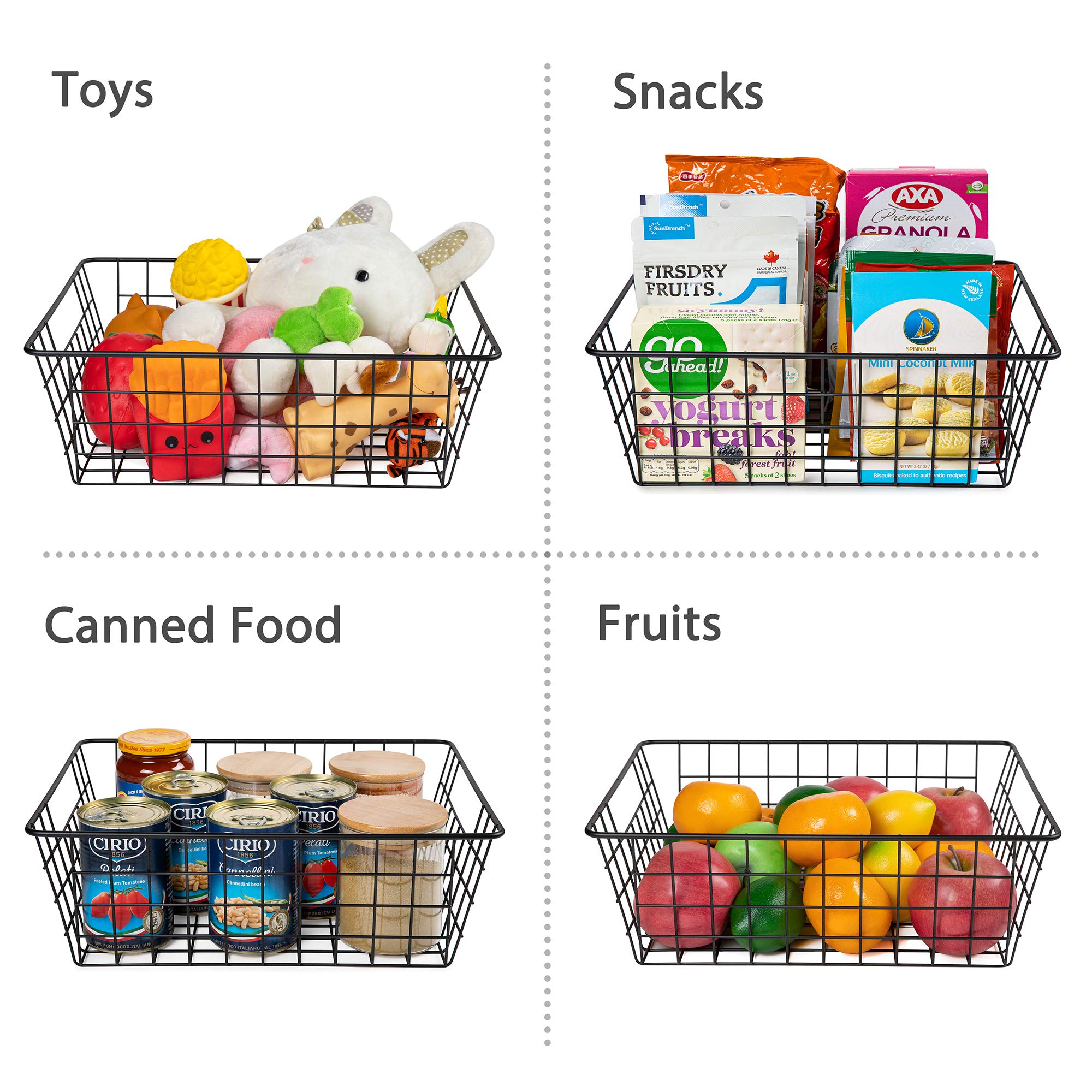 Wire Storage Baskets for Organizing, Vtopmart 4 Pack Metal Wire Freezer Organizer Bins with Handles, Large Pantry Baskets for Kitchen Cabinets, Bathroom, Laundry, Garage, Black