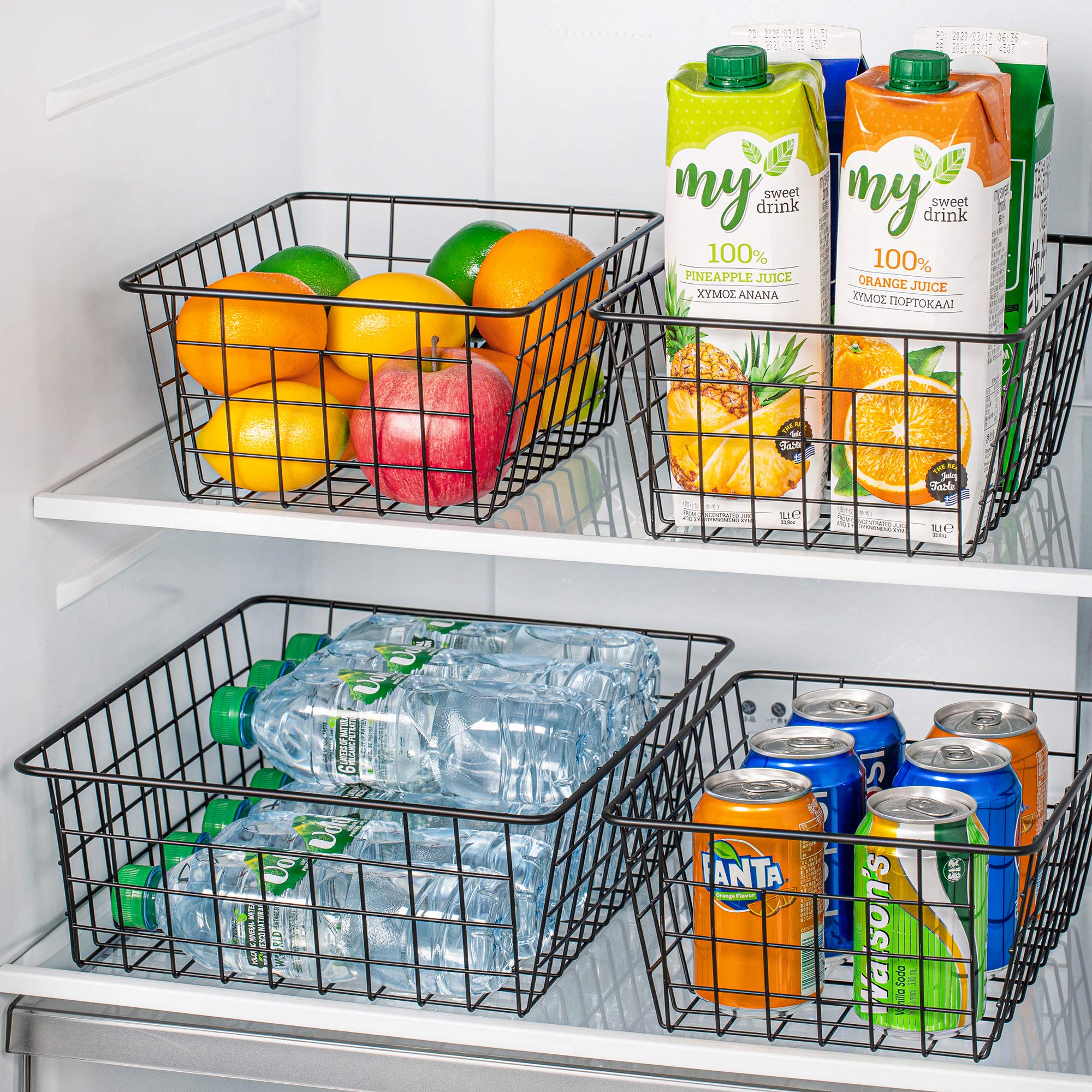 Wire Storage Baskets for Organizing, Vtopmart 4 Pack Metal Wire Freezer Organizer Bins with Handles, Large Pantry Baskets for Kitchen Cabinets, Bathroom, Laundry, Garage, Black