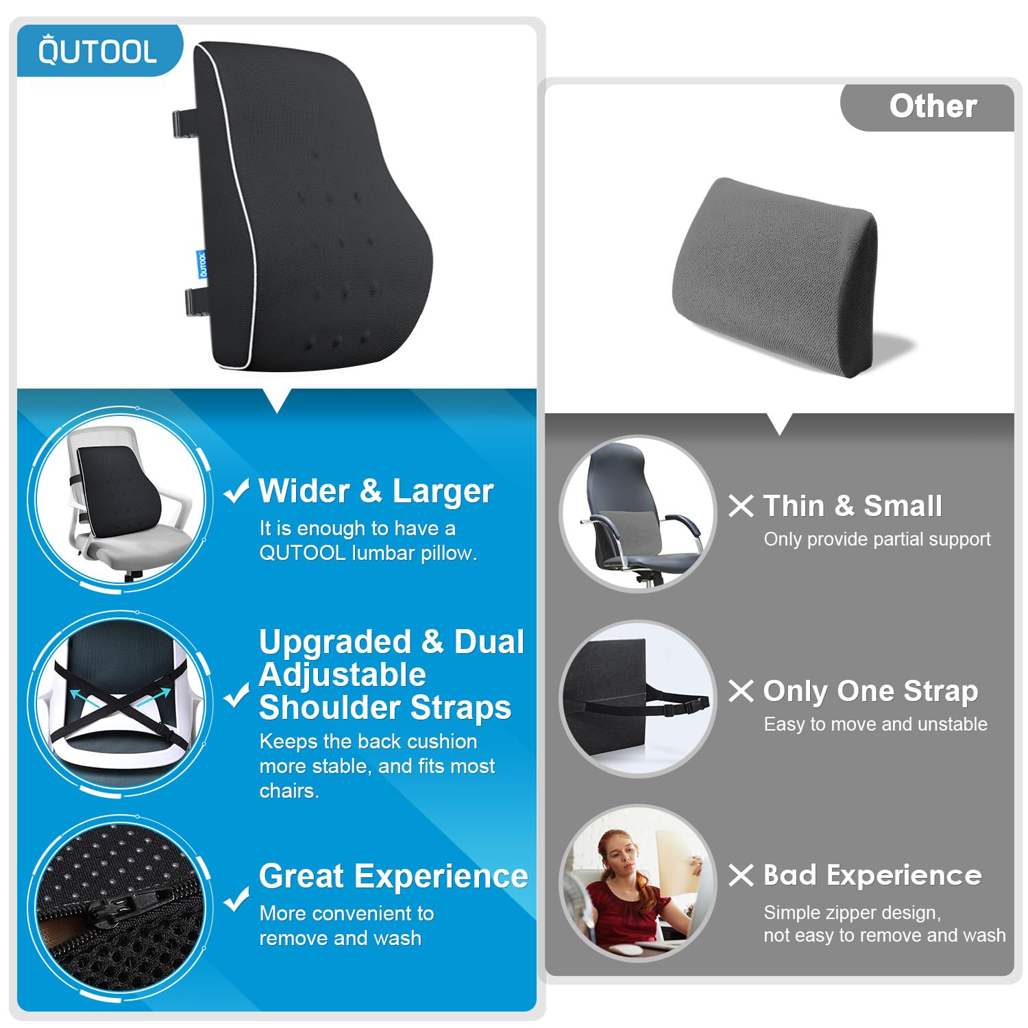Lumbar Support Pillow for Office Chair Back Support Pillow for Car, Computer, Gaming Chair, Recliner Memory Foam Back Cushion for Back Pain Relief Improve Posture, Mesh Cover Double Adjustable Straps