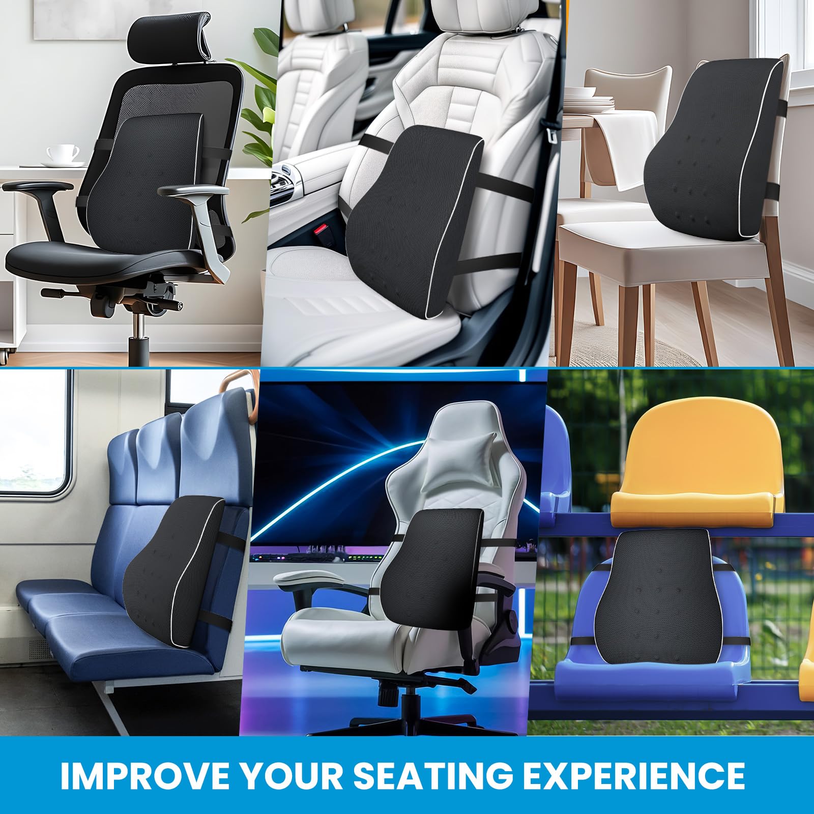 Lumbar Support Pillow for Office Chair Back Support Pillow for Car, Computer, Gaming Chair, Recliner Memory Foam Back Cushion for Back Pain Relief Improve Posture, Mesh Cover Double Adjustable Straps