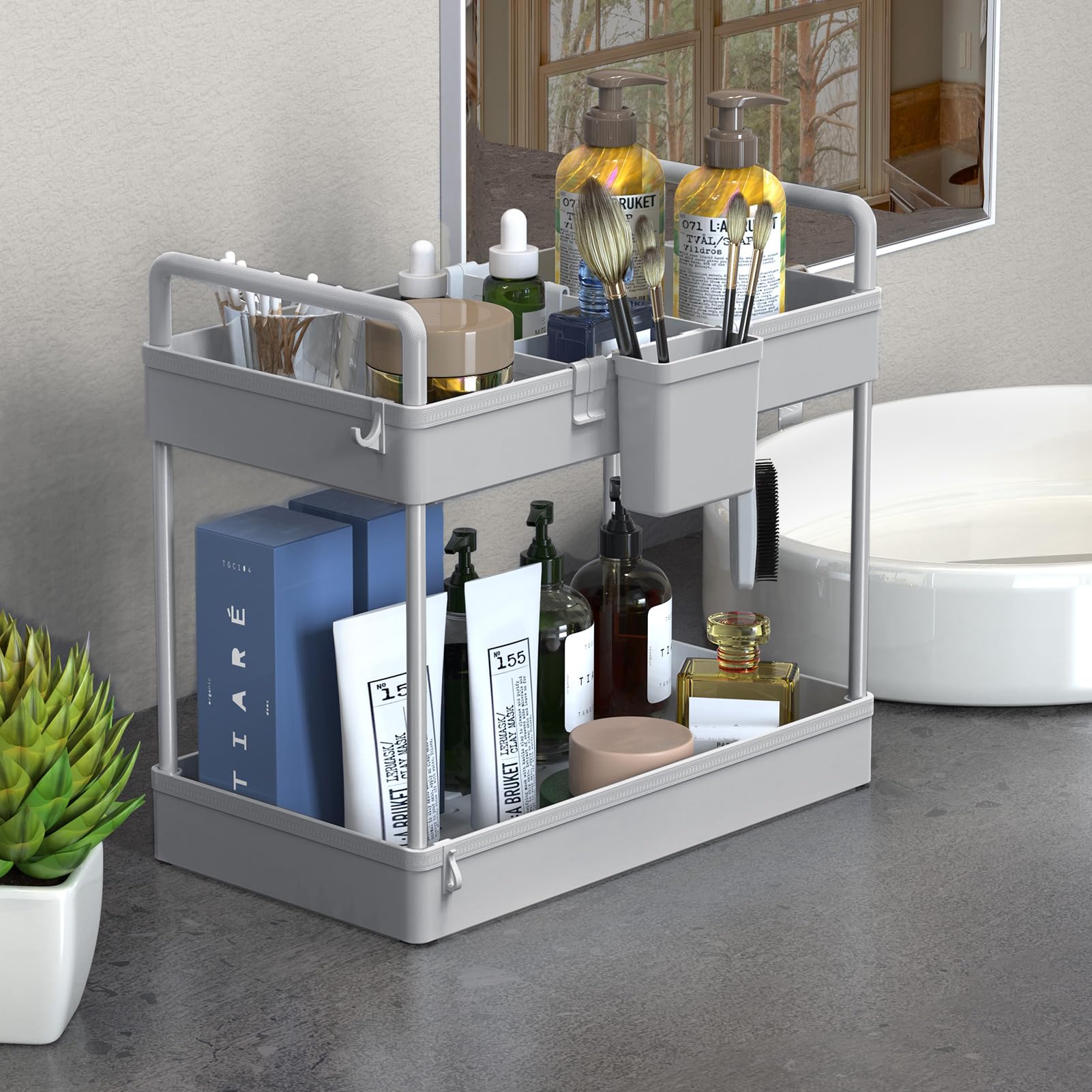 SOLEJAZZ Under Sink Organizer, Under Sink Organizers and Storage Multi-Purpose Under Cabinet Storage, 2 Tier Under Bathroom Cabinet Storage with Dividers, Hooks, Cup for Bathroom, Kitchen, Gray