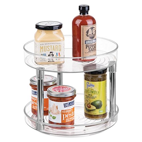 mDesign 2 Tier Lazy Susan Turntable Food Storage Container for Cabinets, Pantry, Fridge, Countertops - Raised Edge, Spinning Organizer for Spices, Condiments - 9" Round - Clear/Chrome