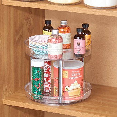 mDesign 2 Tier Lazy Susan Turntable Food Storage Container for Cabinets, Pantry, Fridge, Countertops - Raised Edge, Spinning Organizer for Spices, Condiments - 9" Round - Clear/Chrome