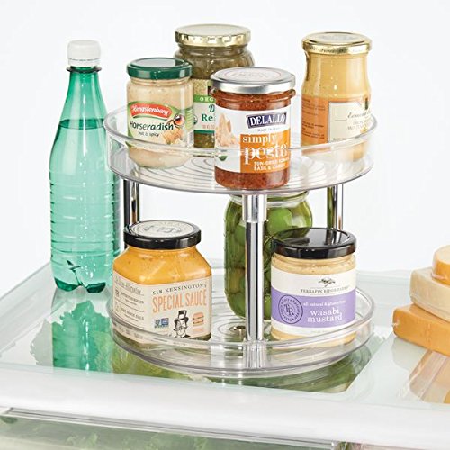 mDesign 2 Tier Lazy Susan Turntable Food Storage Container for Cabinets, Pantry, Fridge, Countertops - Raised Edge, Spinning Organizer for Spices, Condiments - 9" Round - Clear/Chrome