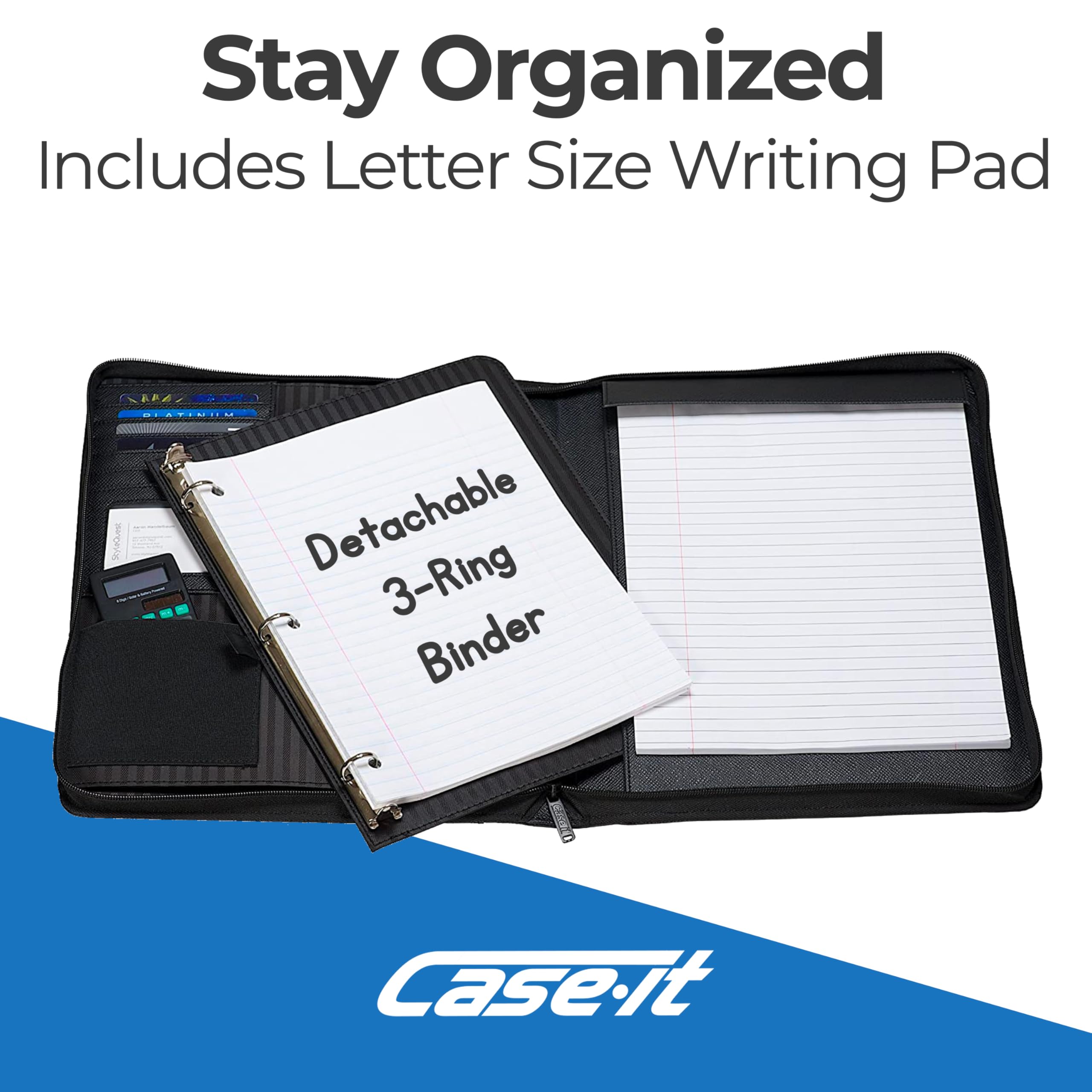 Case-it Executive Zippered Padfolio with Removable 3-Ring Binder and Letter Size Writing Pad, Black (PAD-40)