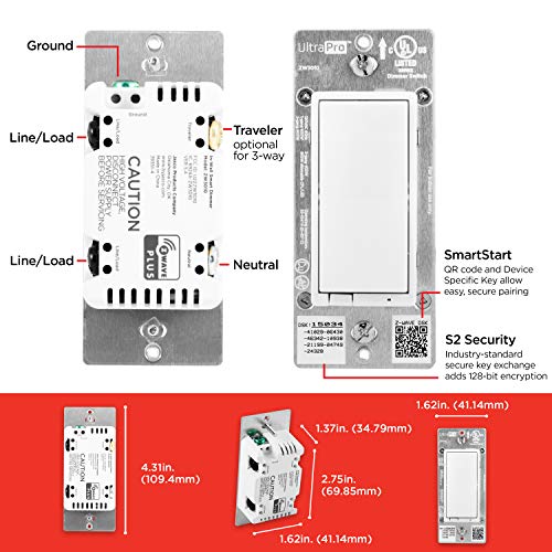 UltraPro Z-Wave Smart Rocker Light Dimmer with QuickFit and SimpleWire, 3-Way Ready, Compatible with Alexa, Google Assistant, ZWave Hub Required, Repeater/Range Extender, White Paddle Only, 39351