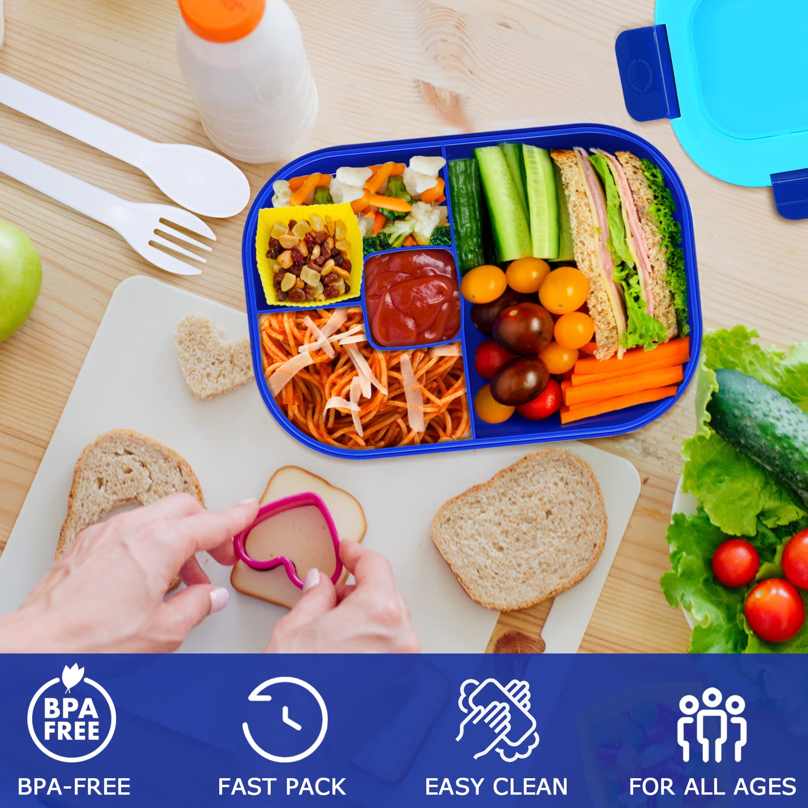 Lunch Box Kids, Bento Lunch Box for Kids Adult, Lunch Box Containers for Girls Boys Teen, 1300ML 4 Compartment Bento Box w/ Food Picks Cake Cups, Microwave/Dishwasher/Freezer Safe, BPA Free, Blue