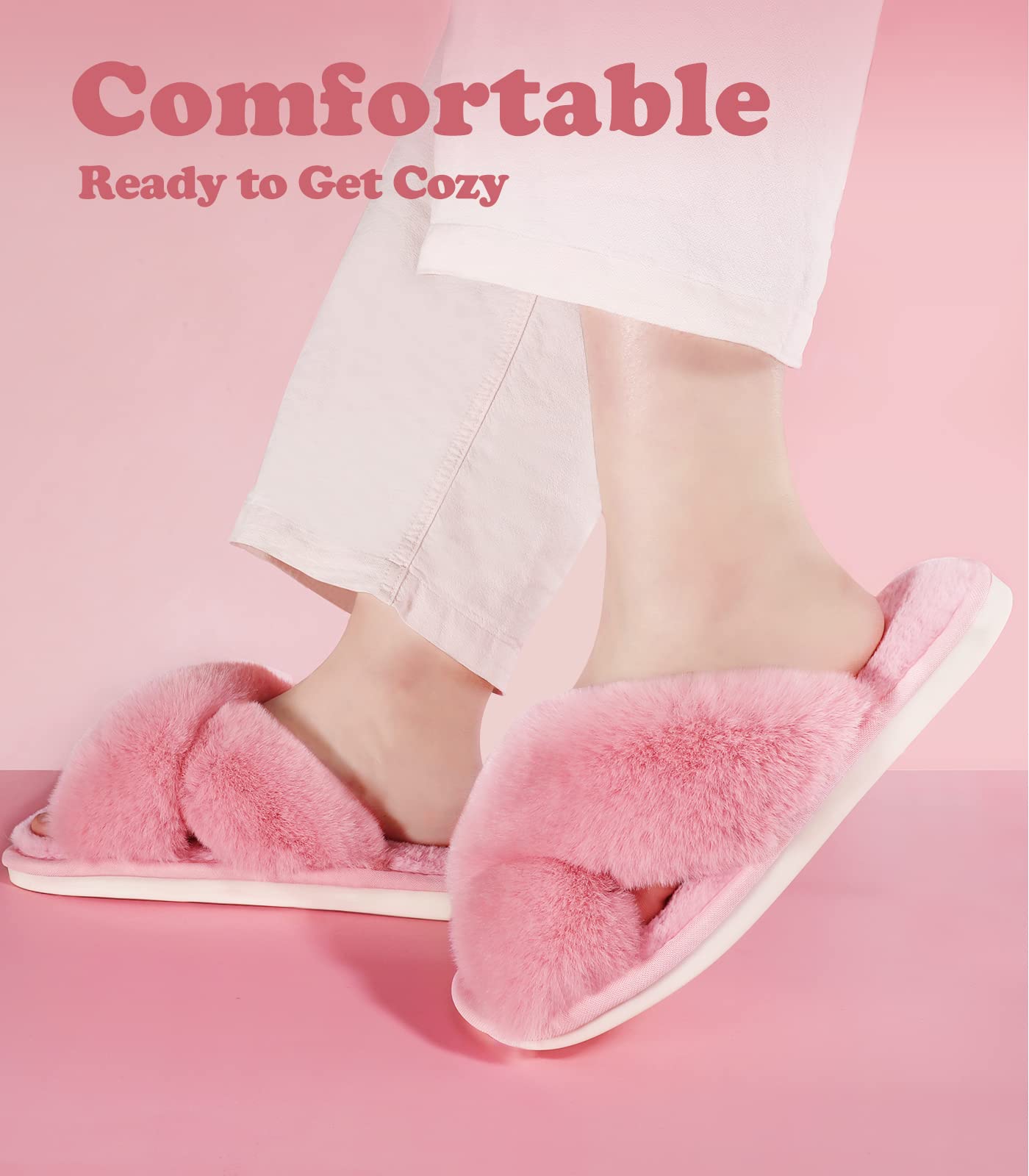 Women's Pink Fuzzy Plush Faux Fur Memory Foam Ankle Slippers - Breathable, Comfy House Indoor Slippers