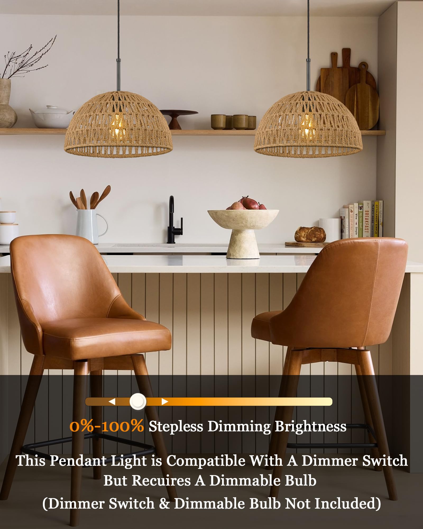 ELYONA Modern Boho Pendant Lights, Hand Woven Hanging Lamp with Dome Basket Shade & Rubber Wood Floor Lamp with Table for Farmhouse Kitchen Island Dining Room Living Room Hallway
